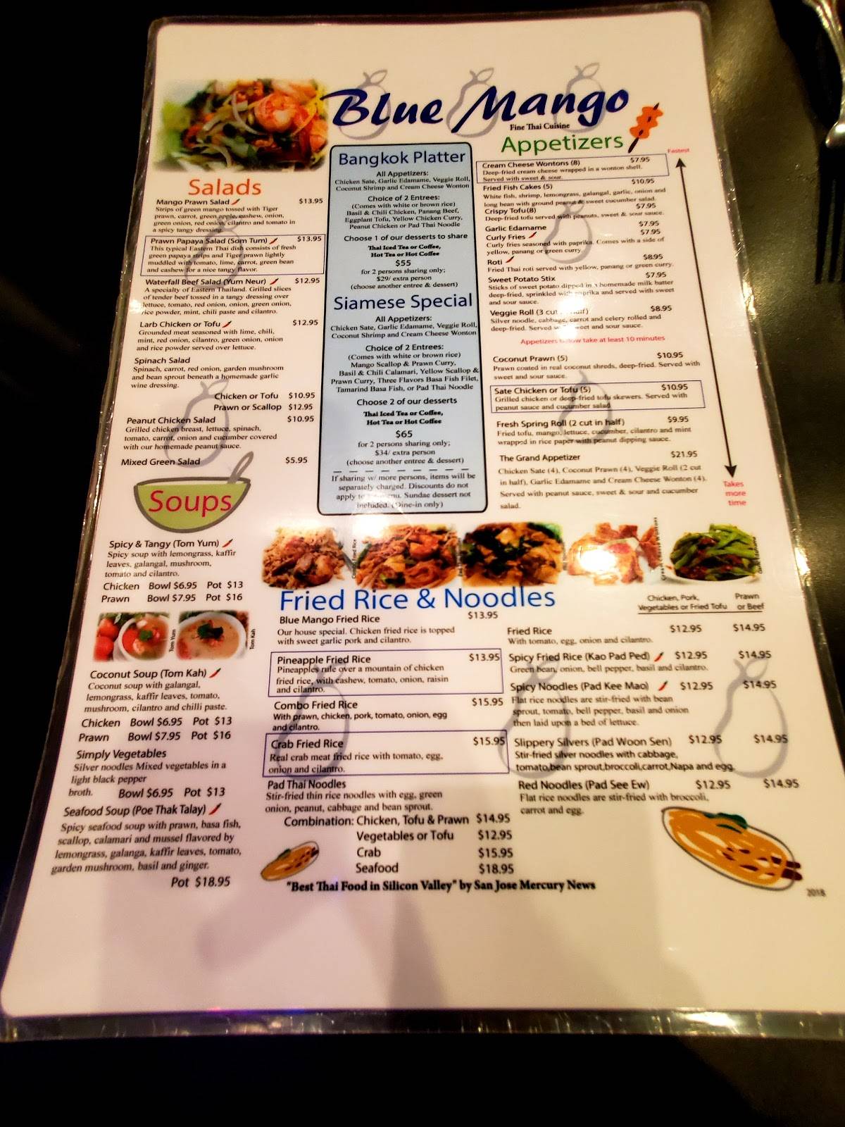 Menu at Blue Mango restaurant, San Jose, 635 Coleman Ave