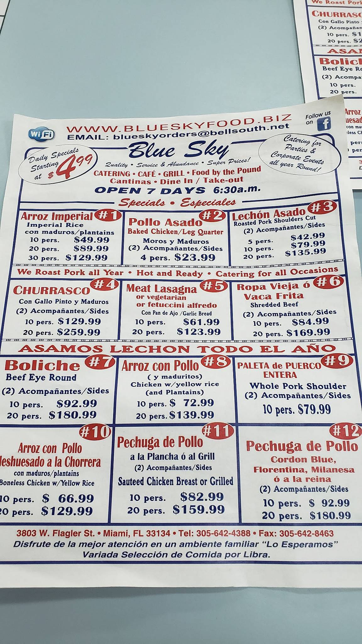 Menu at Blue Sky Catering - Restaurant, Coral Gables, W Flagler St