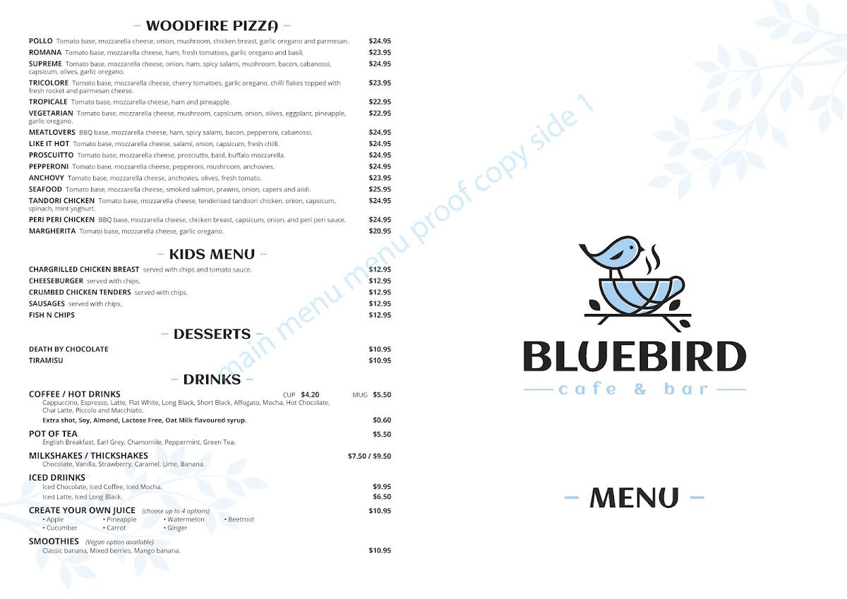 Menu at Bluebird cafe & bar, Goulburn