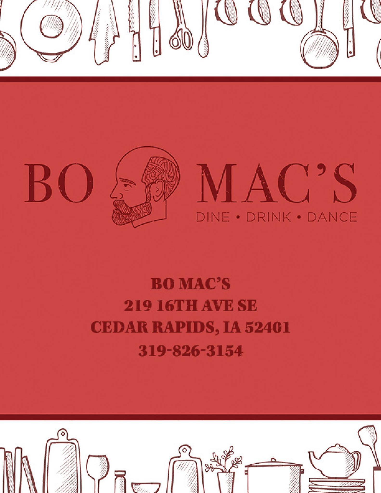 Menu at Bo Mac's pub & bar, Cedar Rapids