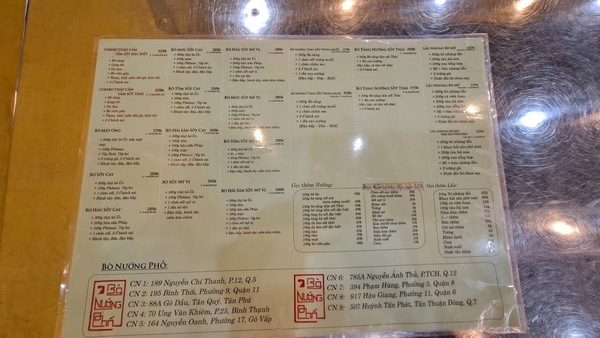 Menu at Bò Nướng Phố - Huỳnh Tấn Phát restaurant, Ho Chi Minh City