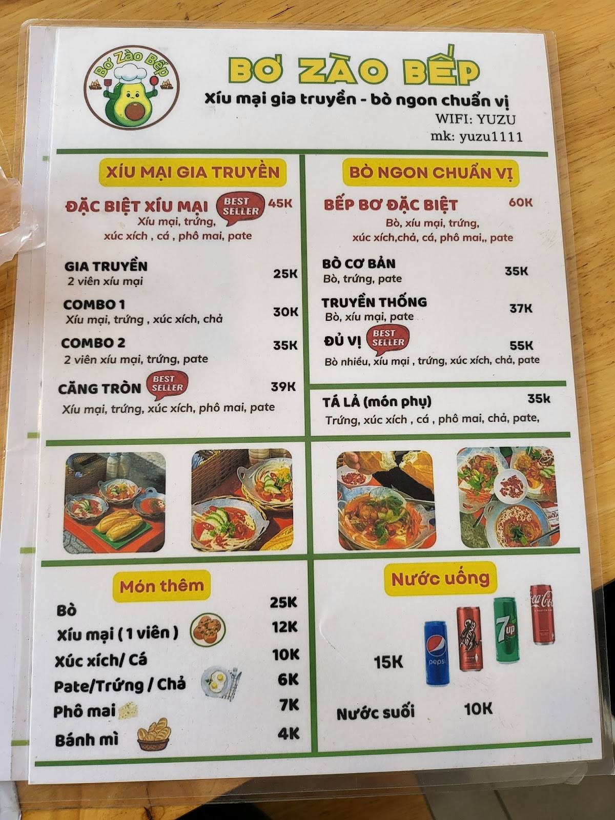 Menu at Bơ zào bếp bánh mì chảo restaurant, Ho Chi Minh City