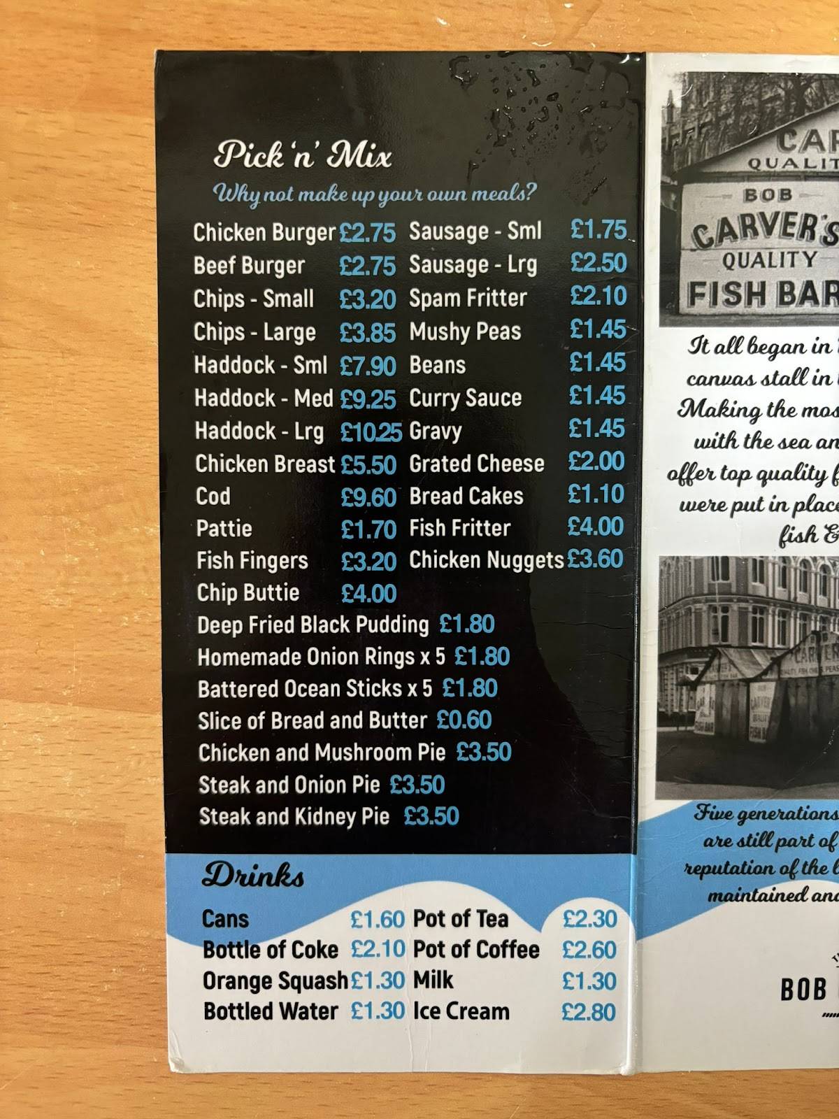 Menu at Bob Carver's Chapel Street restaurant, Hull, 3 Chapel St