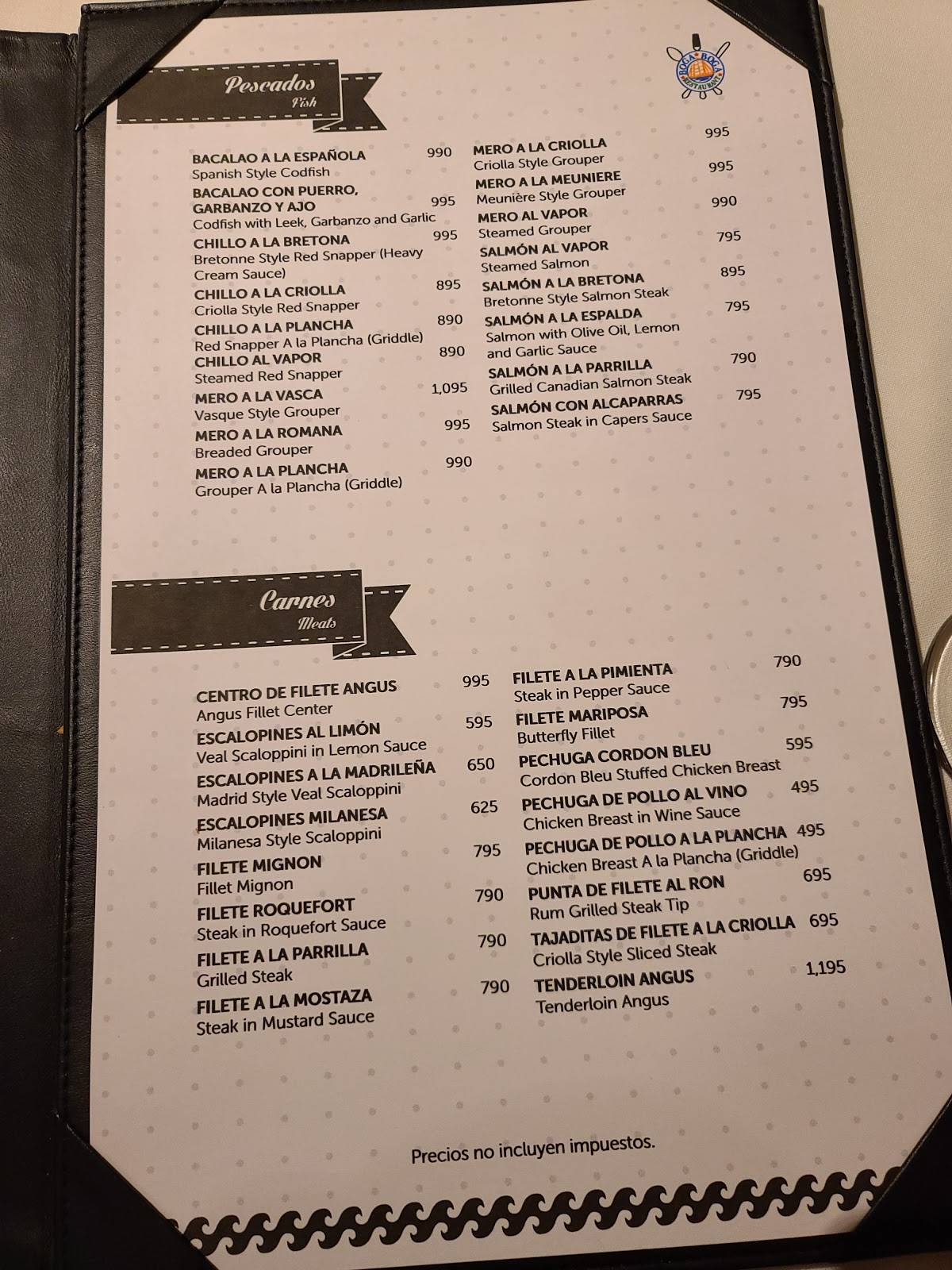 Menu at Boga Boga restaurant, Santo Domingo