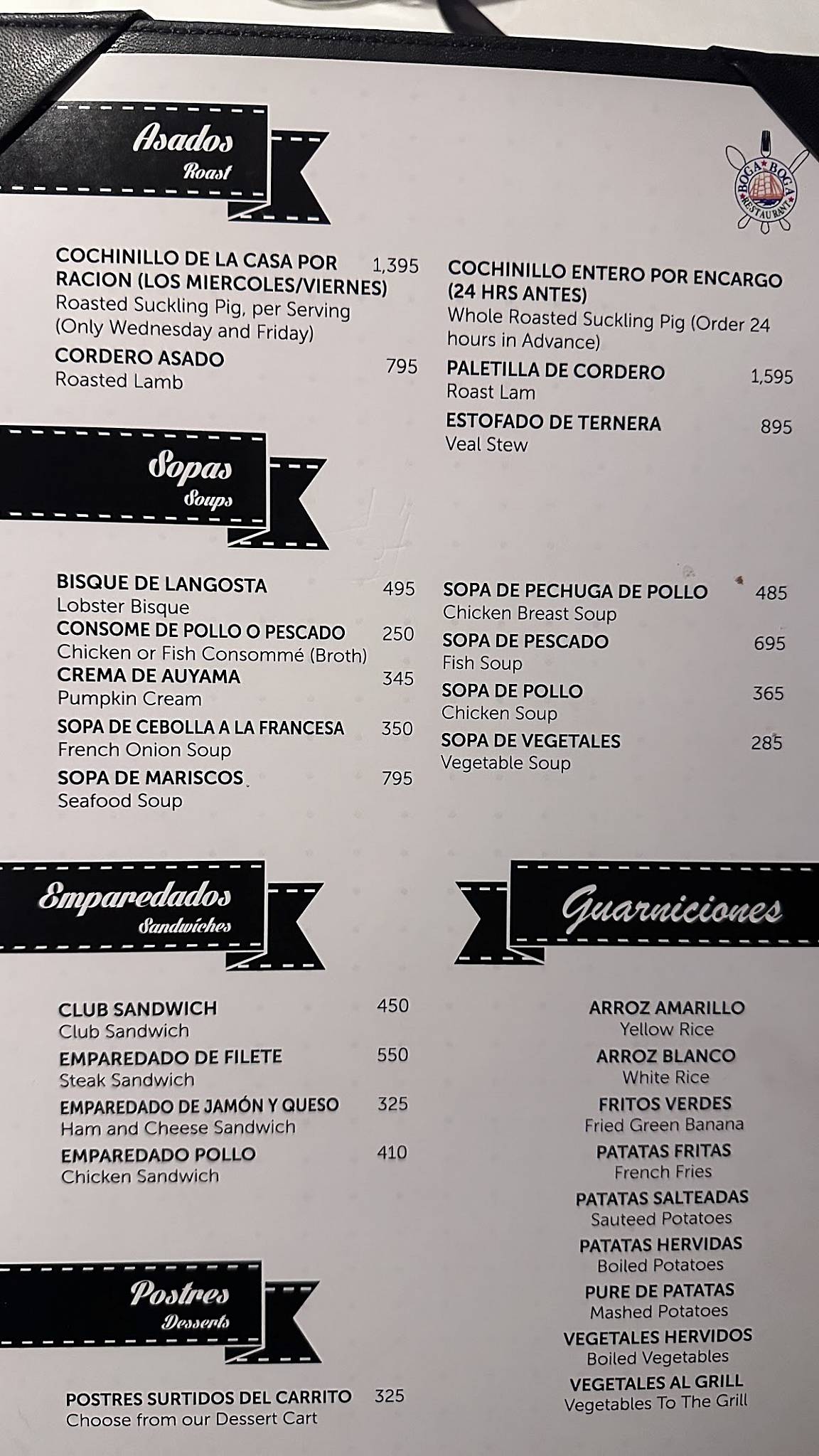 Carta del restaurante Boga Boga, Santo Domingo