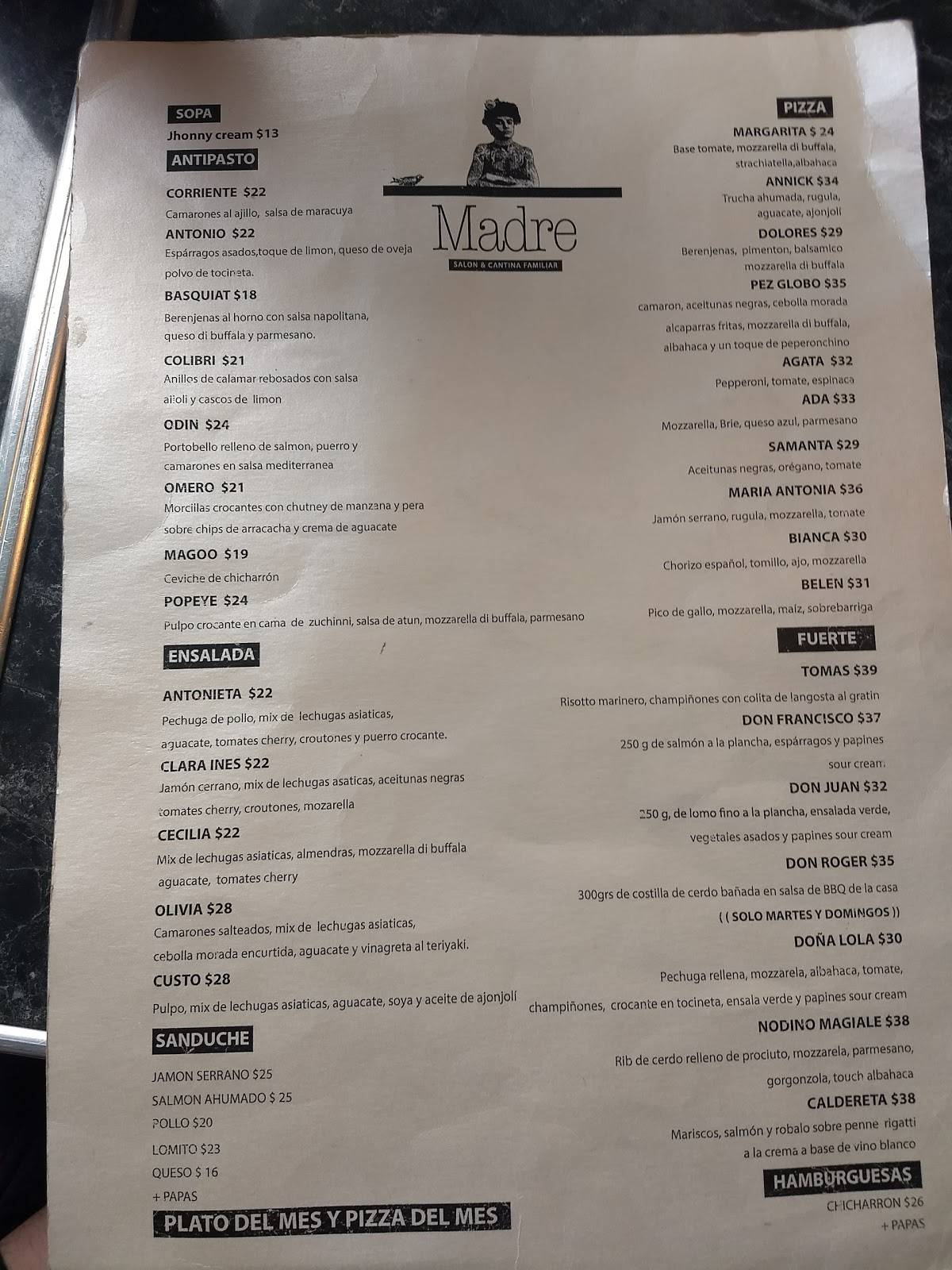 Carta de Restaurante Madre, Bogotá