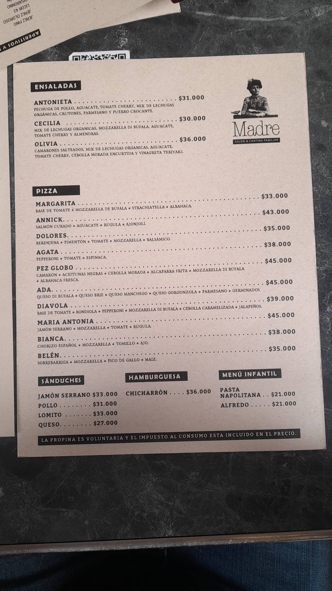 Carta de Restaurante Madre, Bogotá