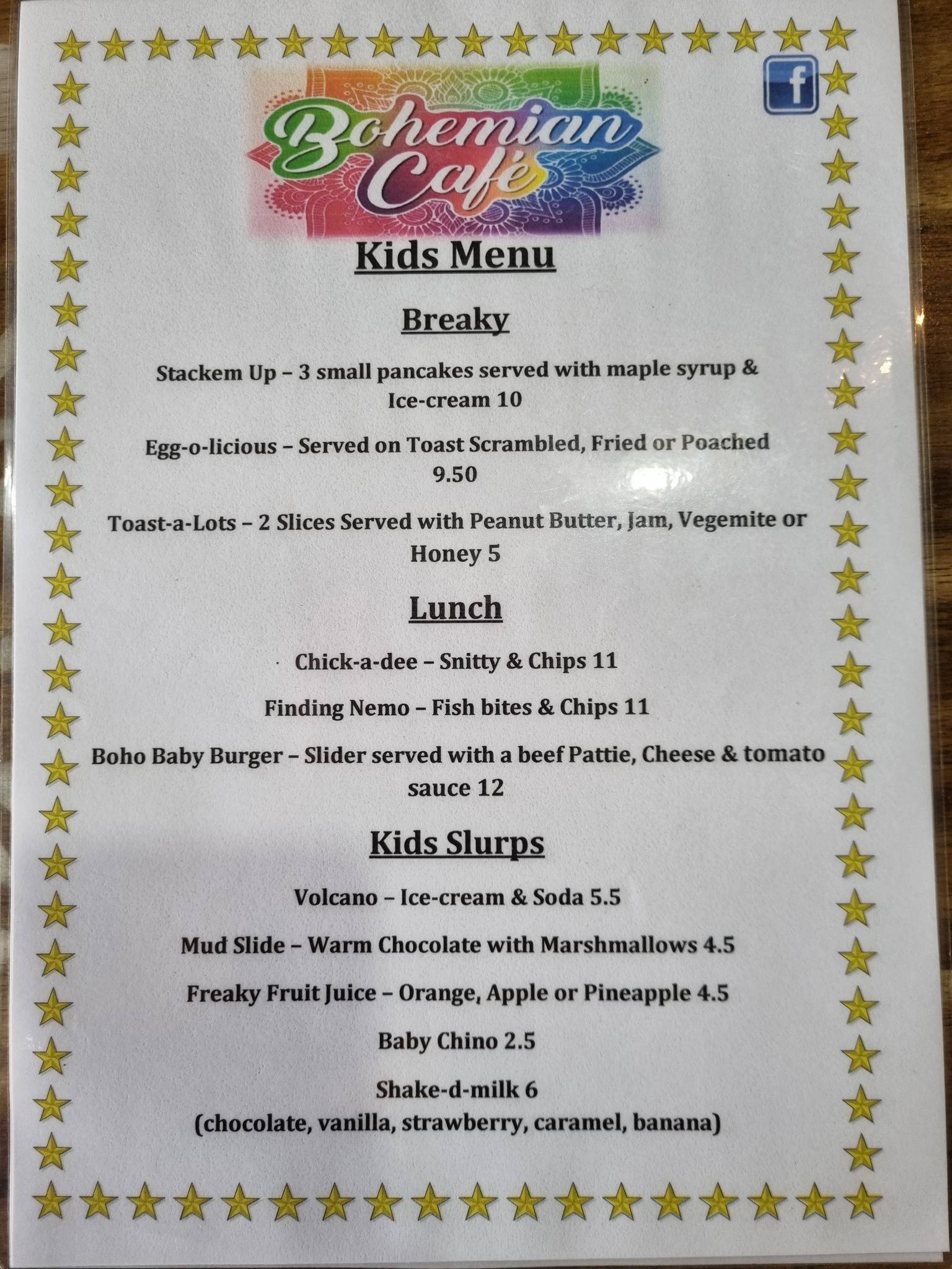 Menu at Bohemian Cafe, Taree