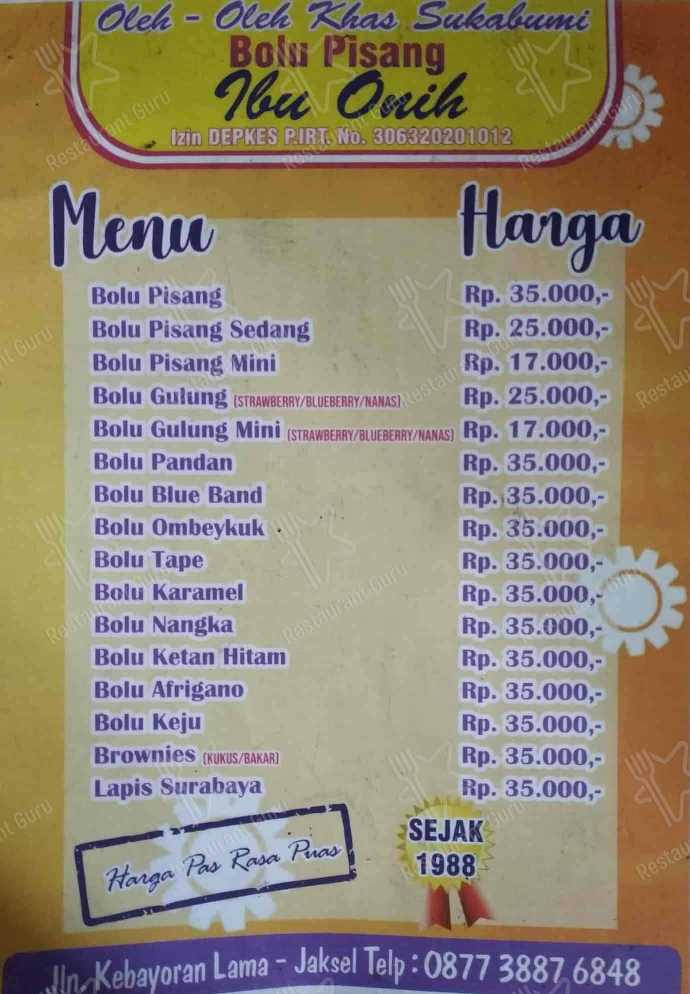 Menu at Bolu Pisang Ibu Onih, Jakarta