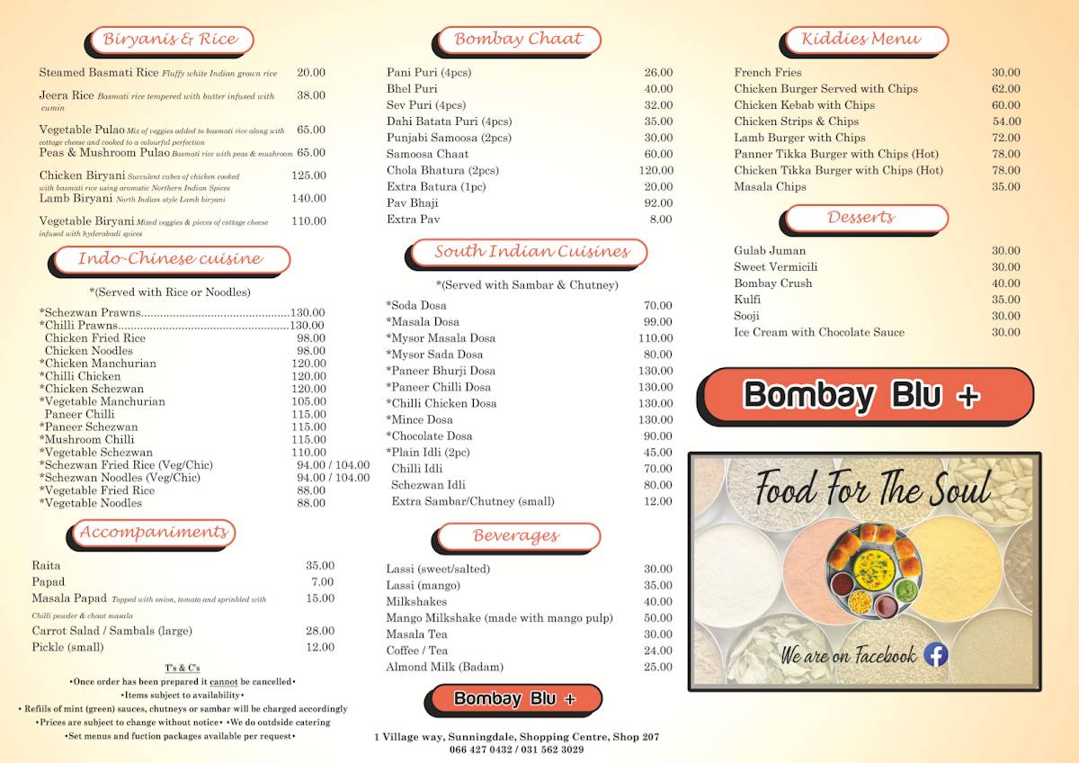 Menu at Bombay Blu + restaurant, Durban