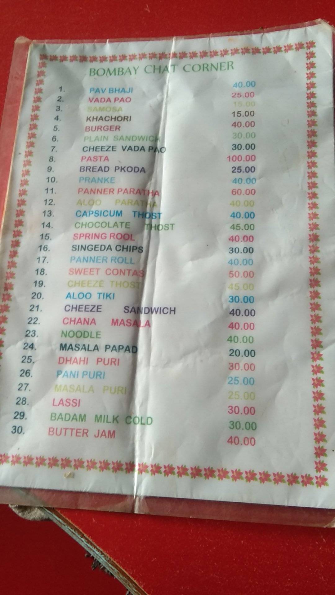 Menu at Bombay chat cornar, Mumbai