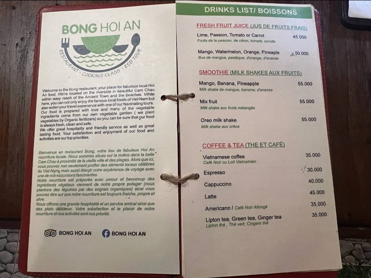 Menu at Bong Restaurant and Bar, Hoi An