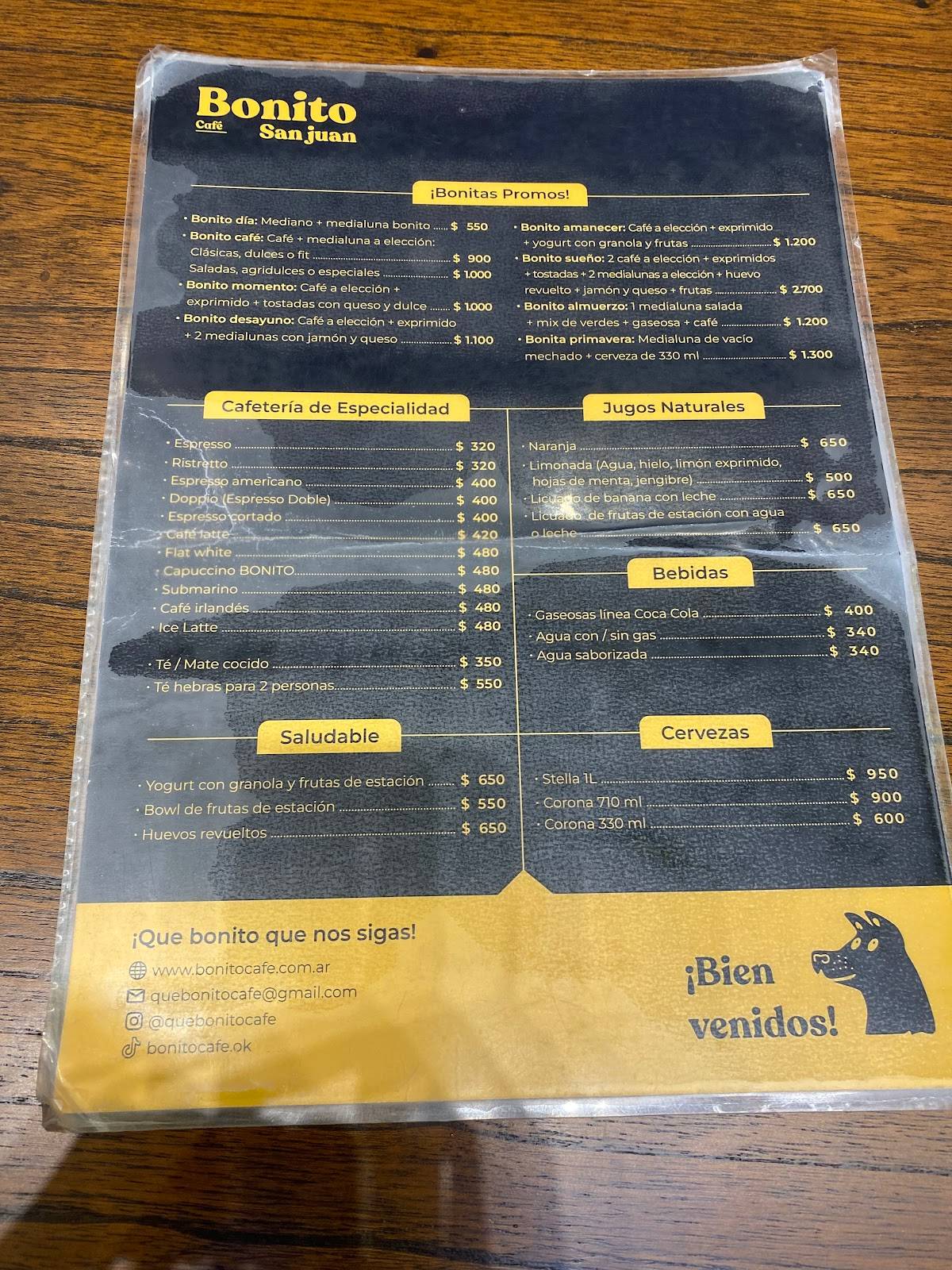 Carta de Bonito Café San Juan, San Juan