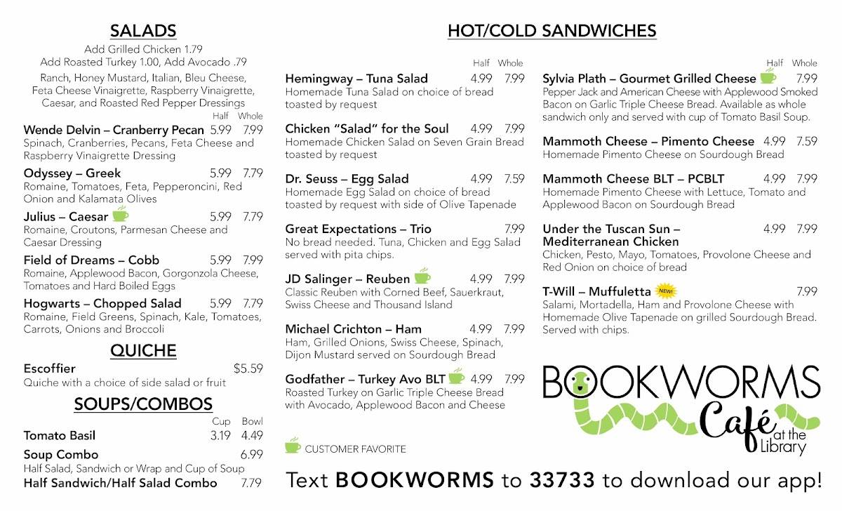 Menu at Bookworms Cafe, Mountain Home