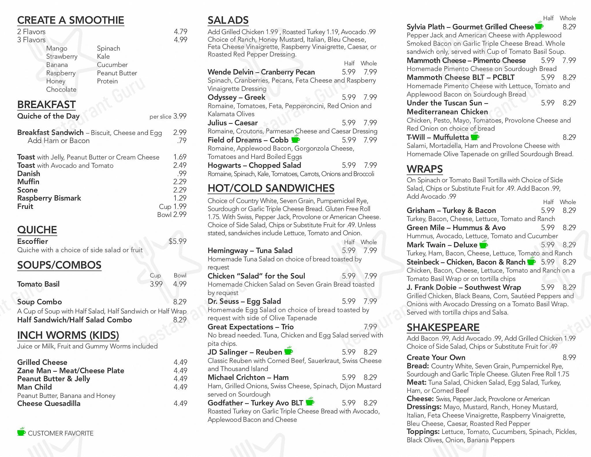 Menu at Bookworms Cafe, Mountain Home