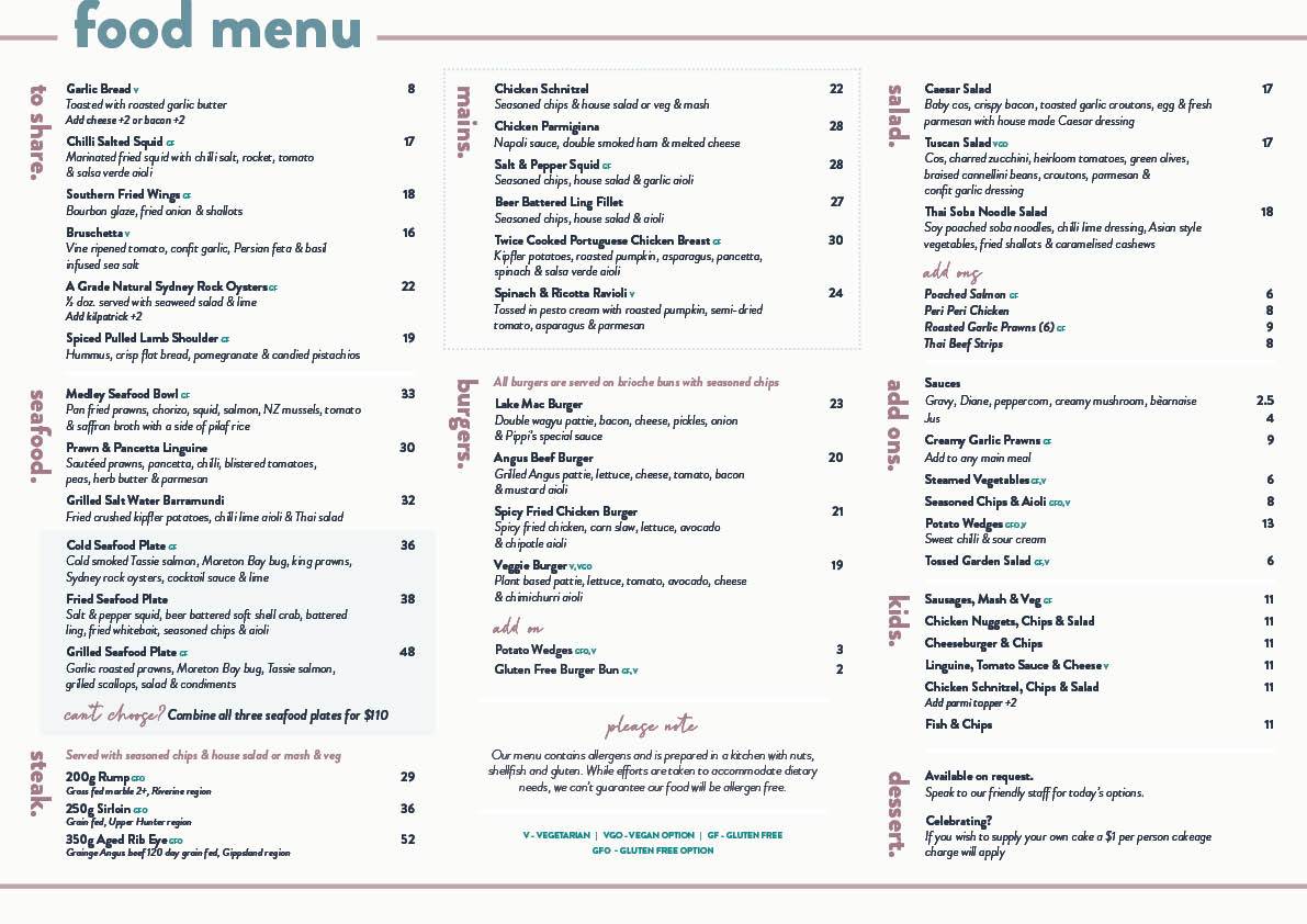 Menu at Pippi's At The Point Hotel pub & bar, Speers Point