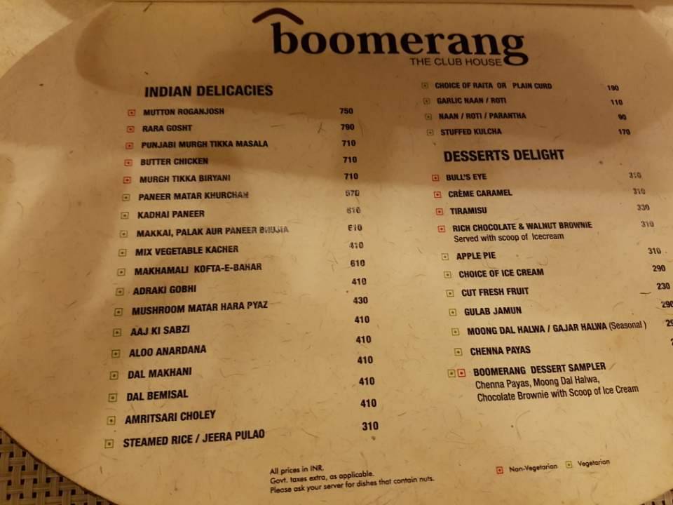 Menu at Boomarang, Greater Noida