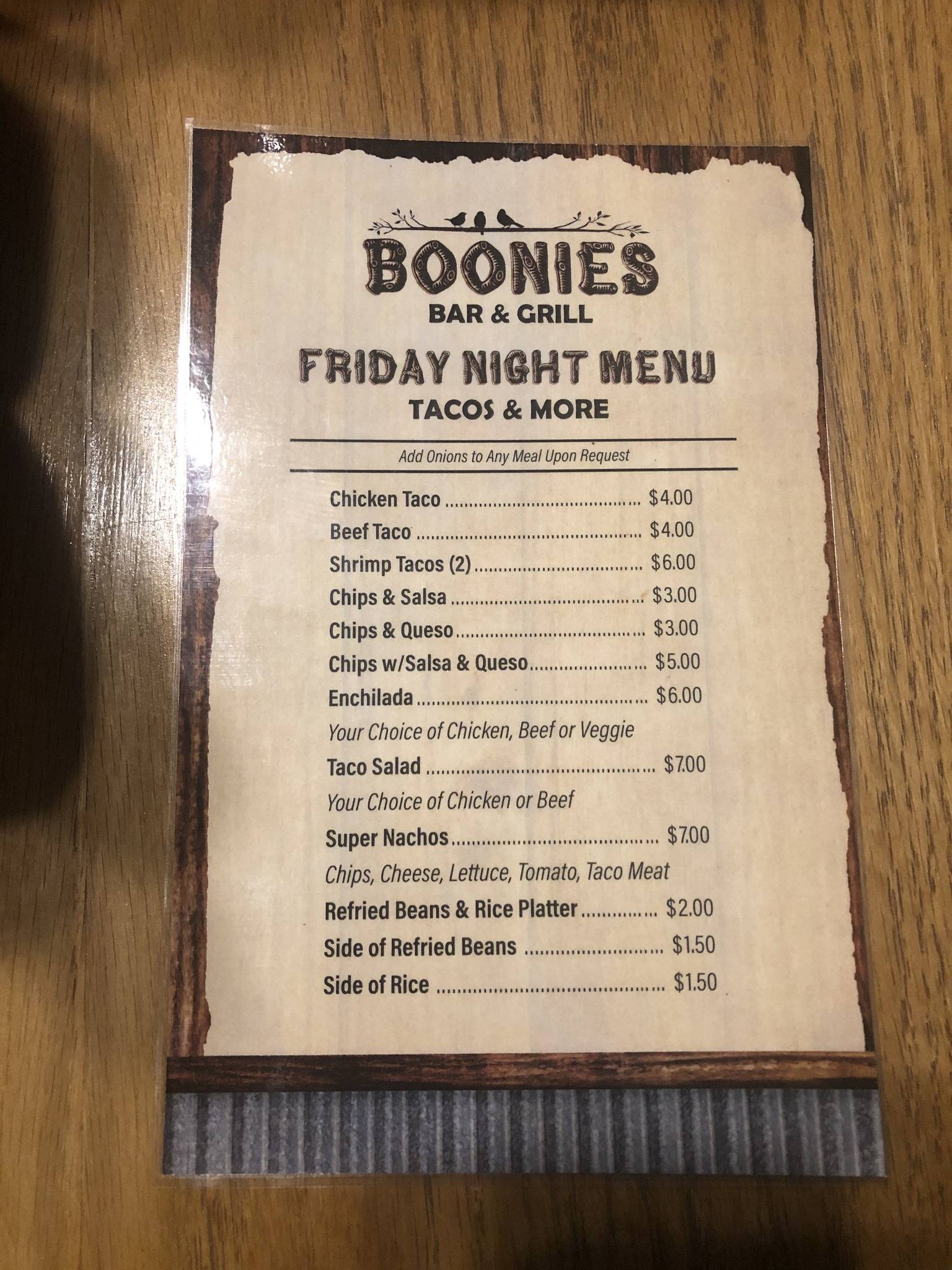 Menu at Boonies Bar And Grill, Fort Madison