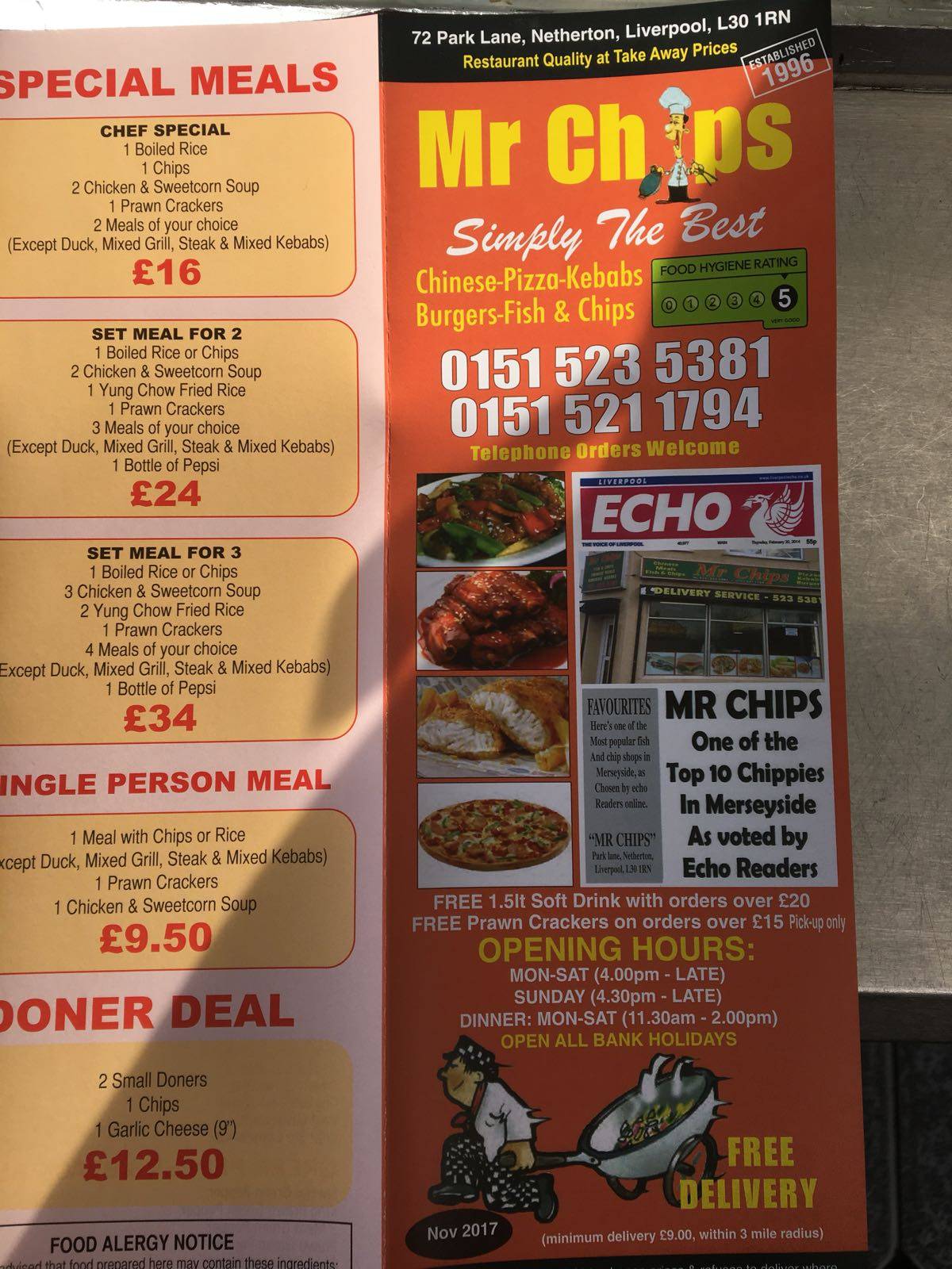Menu at Mr Chips fast food, Bootle, 72 Park Ln