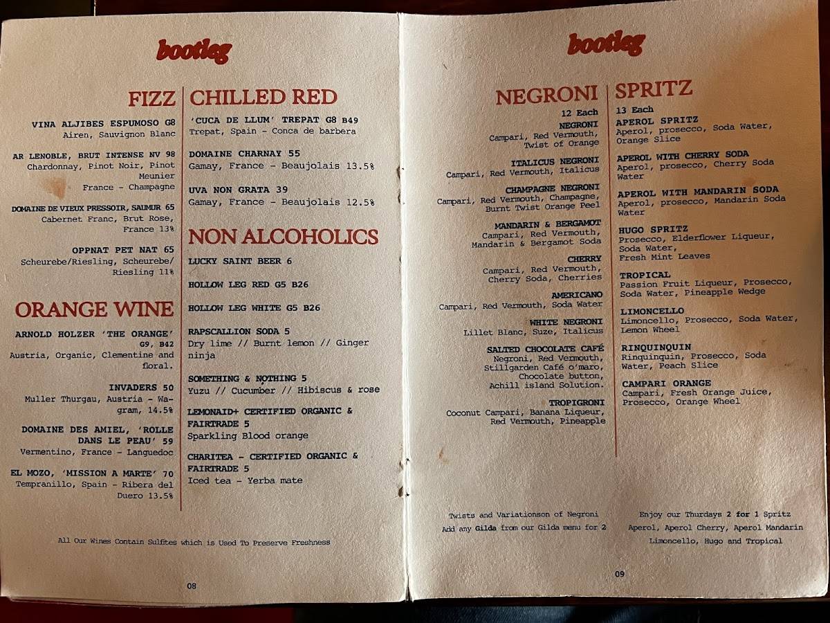 Menu at Bootleg restaurant, Dublin