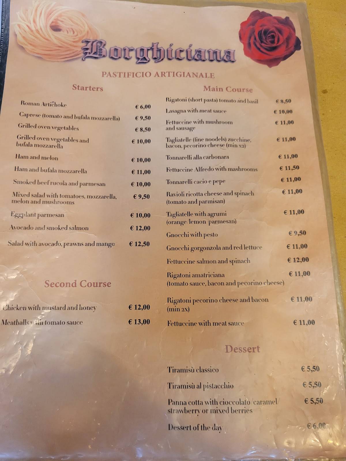 Menu at Borghiciana Pastificio Artigianale restaurant, Rome
