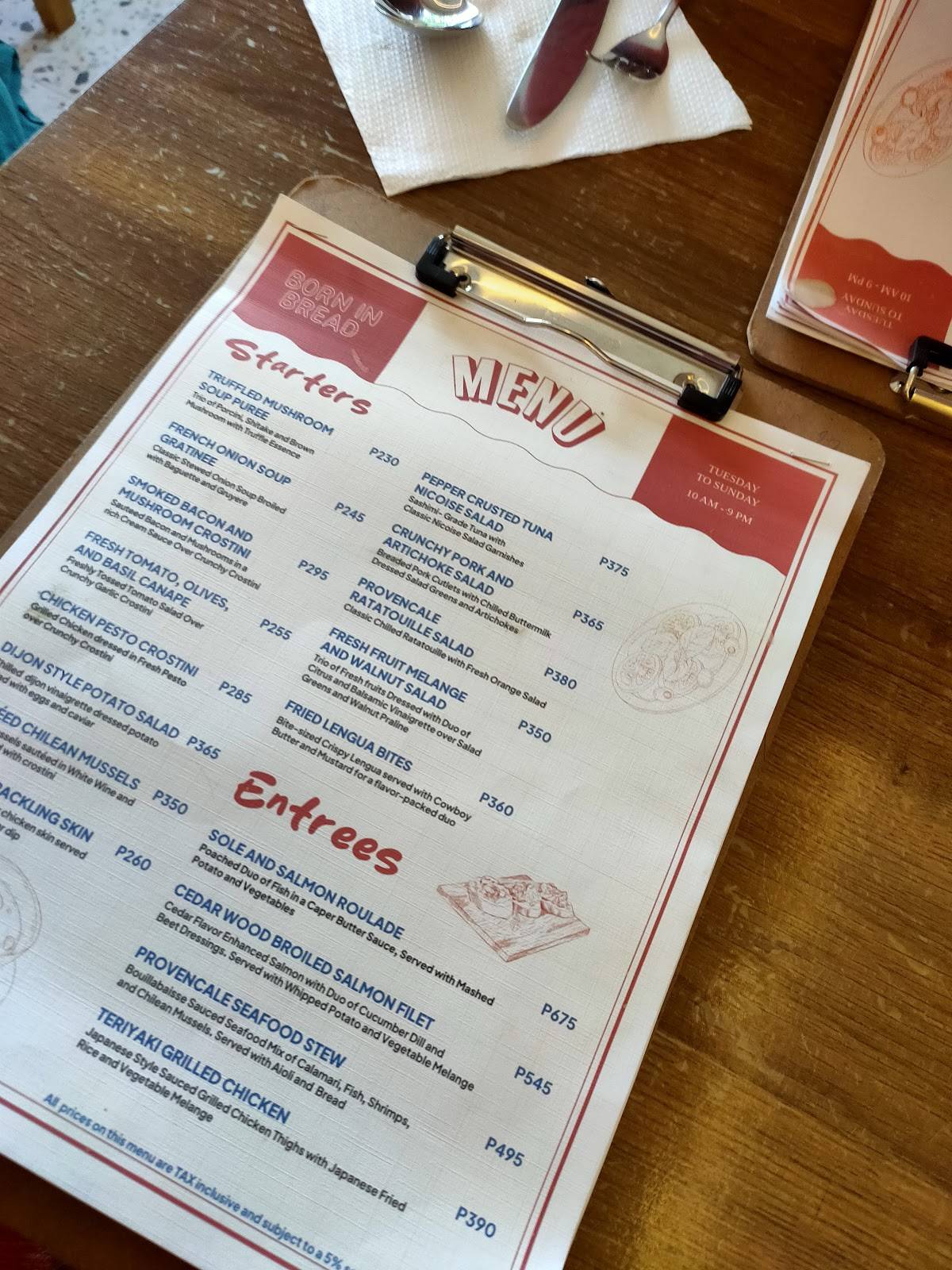 Menu at Born in Bread, Iloilo City