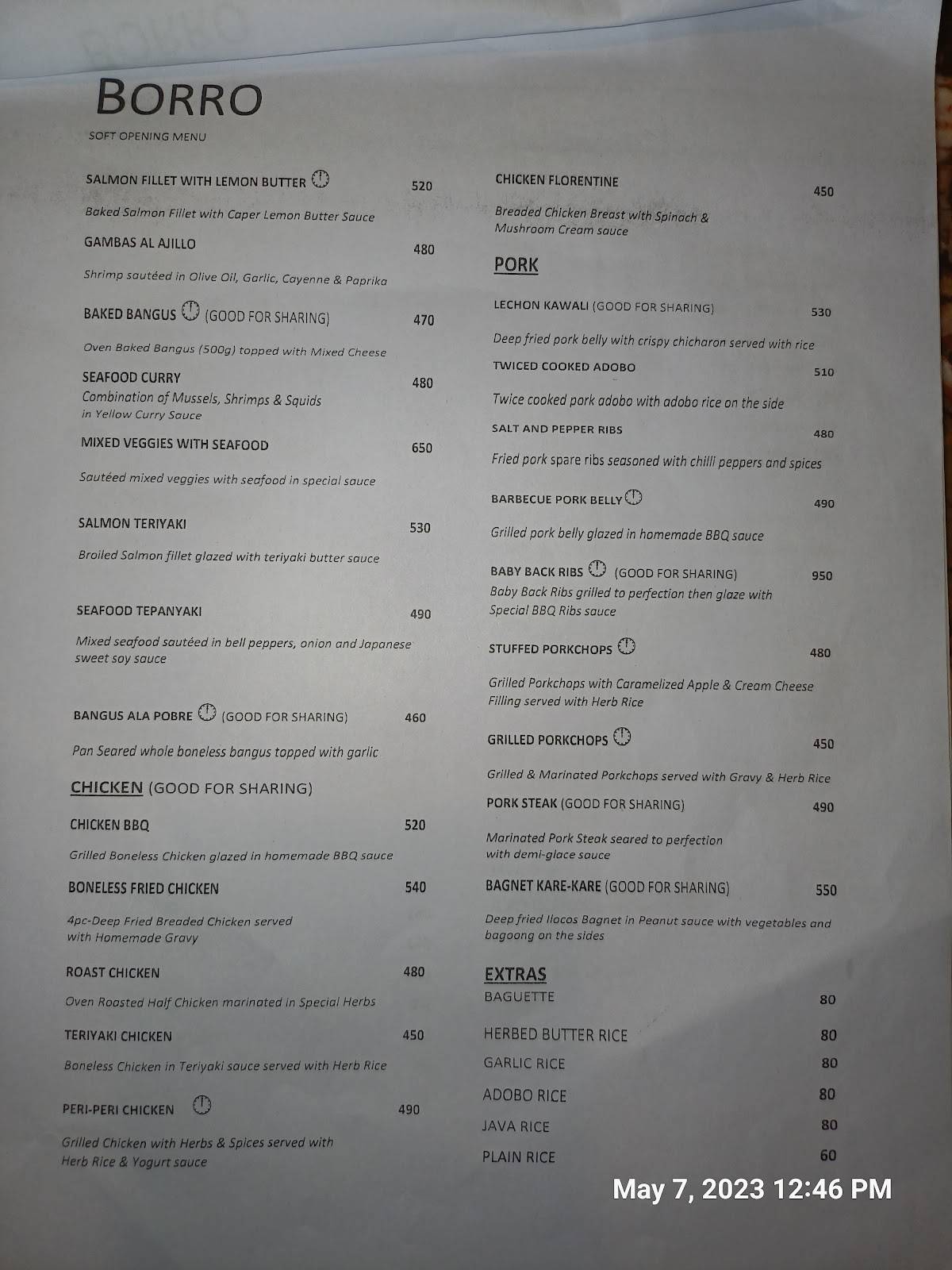 Menu at Borro restaurant, Quezon City