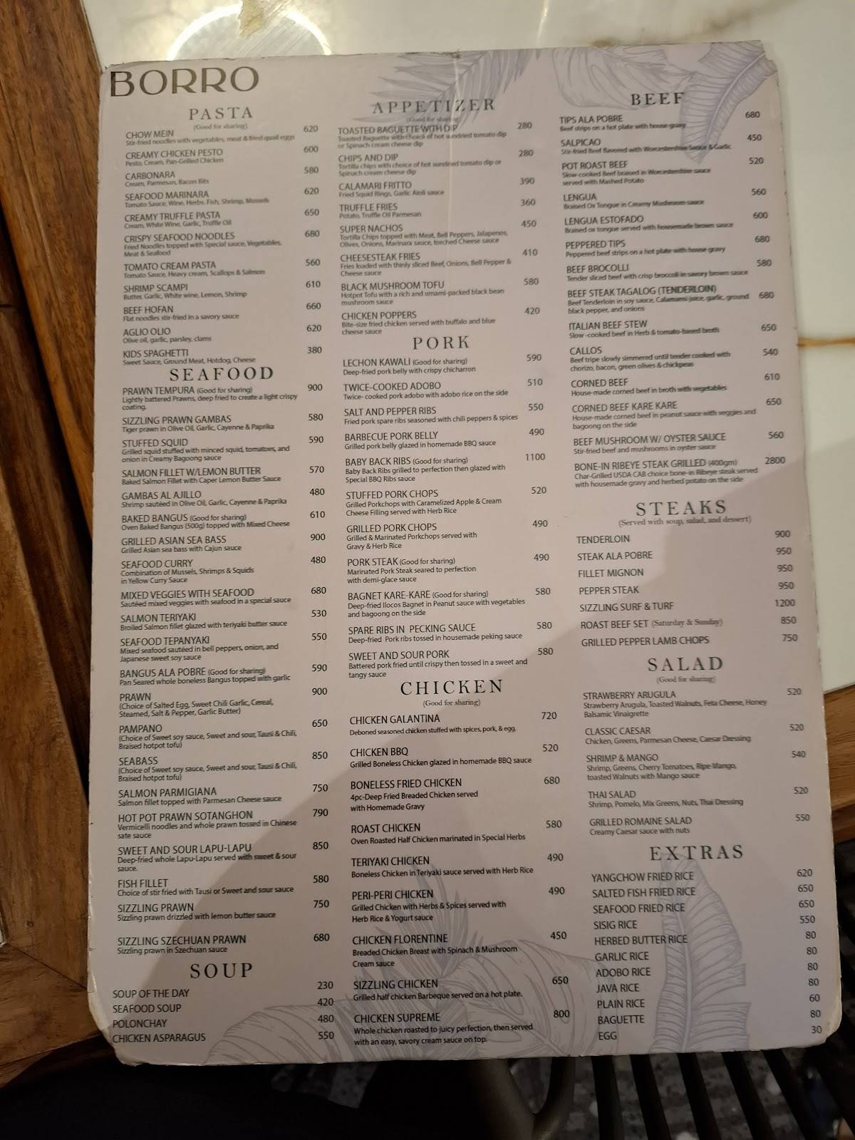 Menu at Borro restaurant, Quezon City