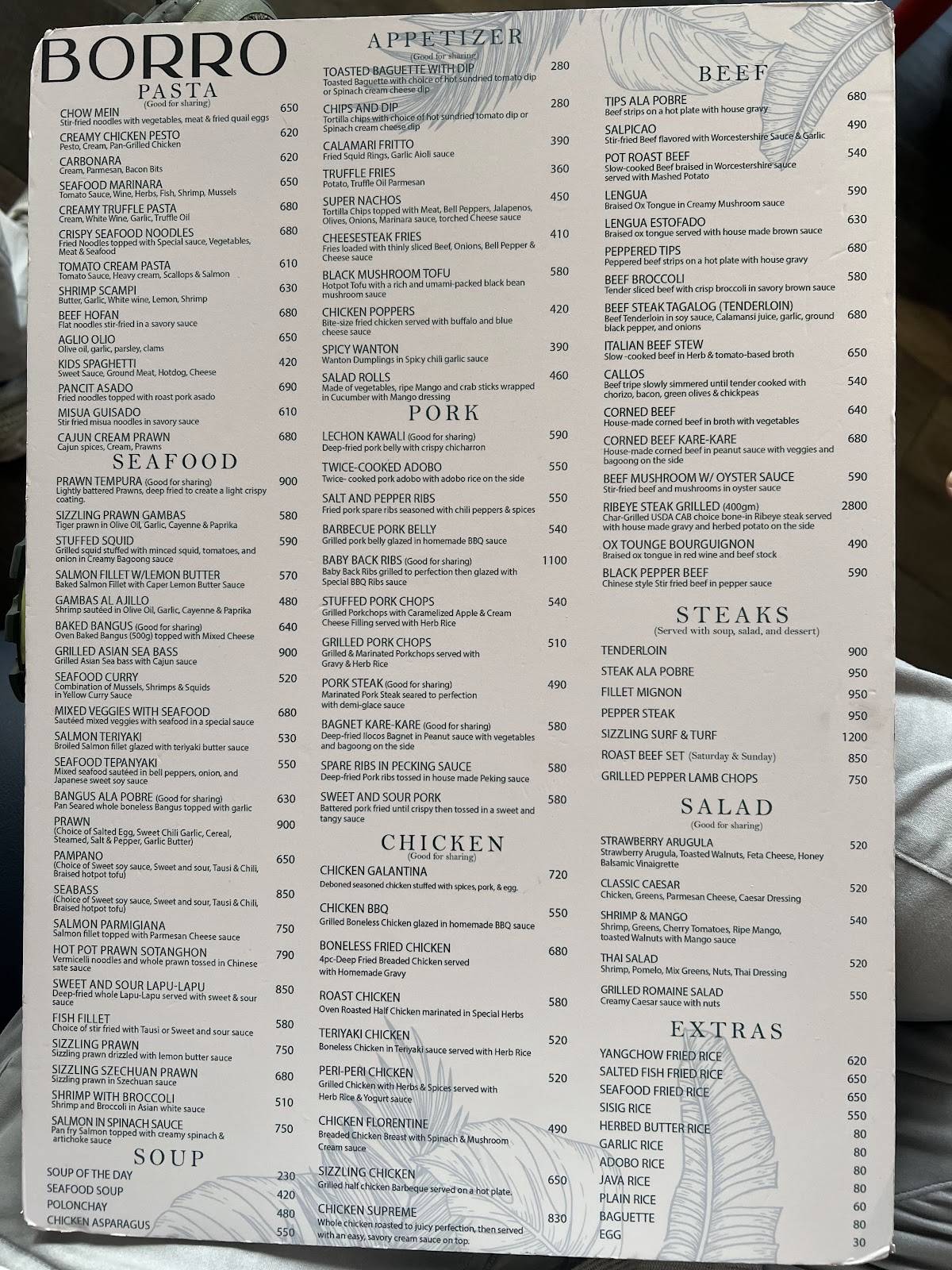 Menu at Borro restaurant, Quezon City
