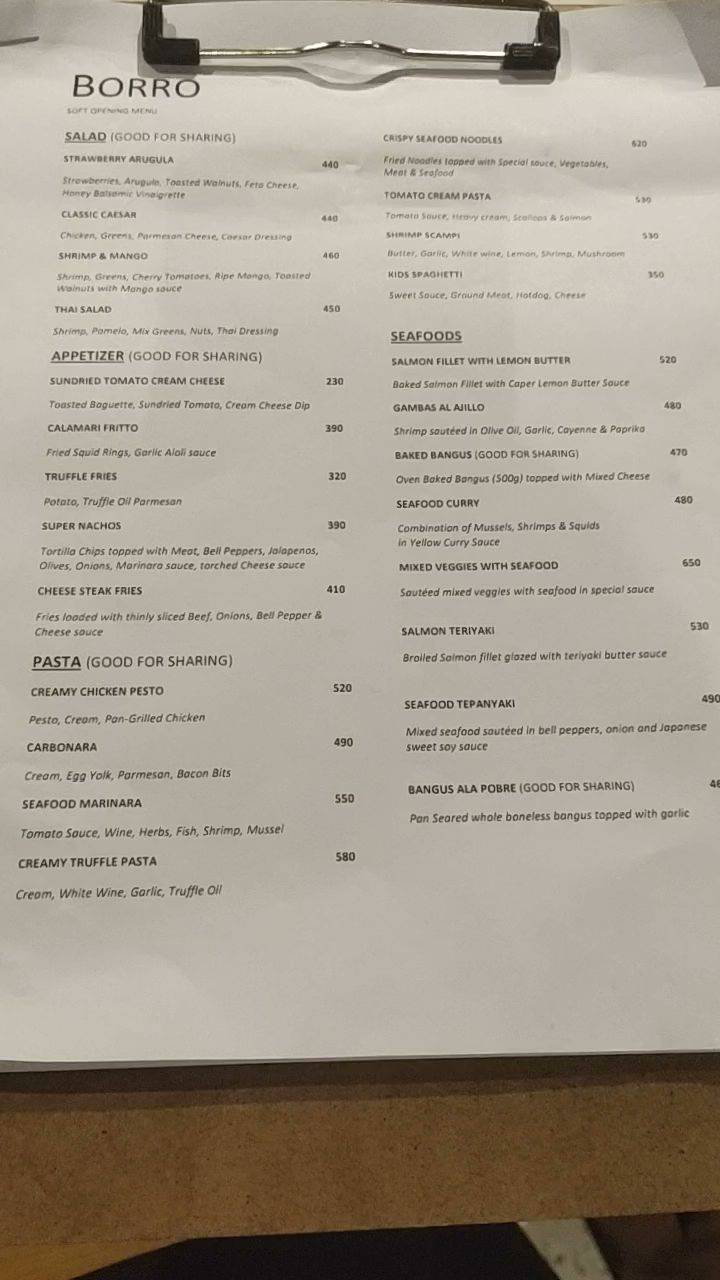 Menu at Borro restaurant, Quezon City