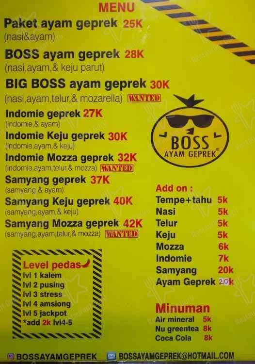 Menu at Boss Ayam Geprek, Jakarta, LTC Glodok