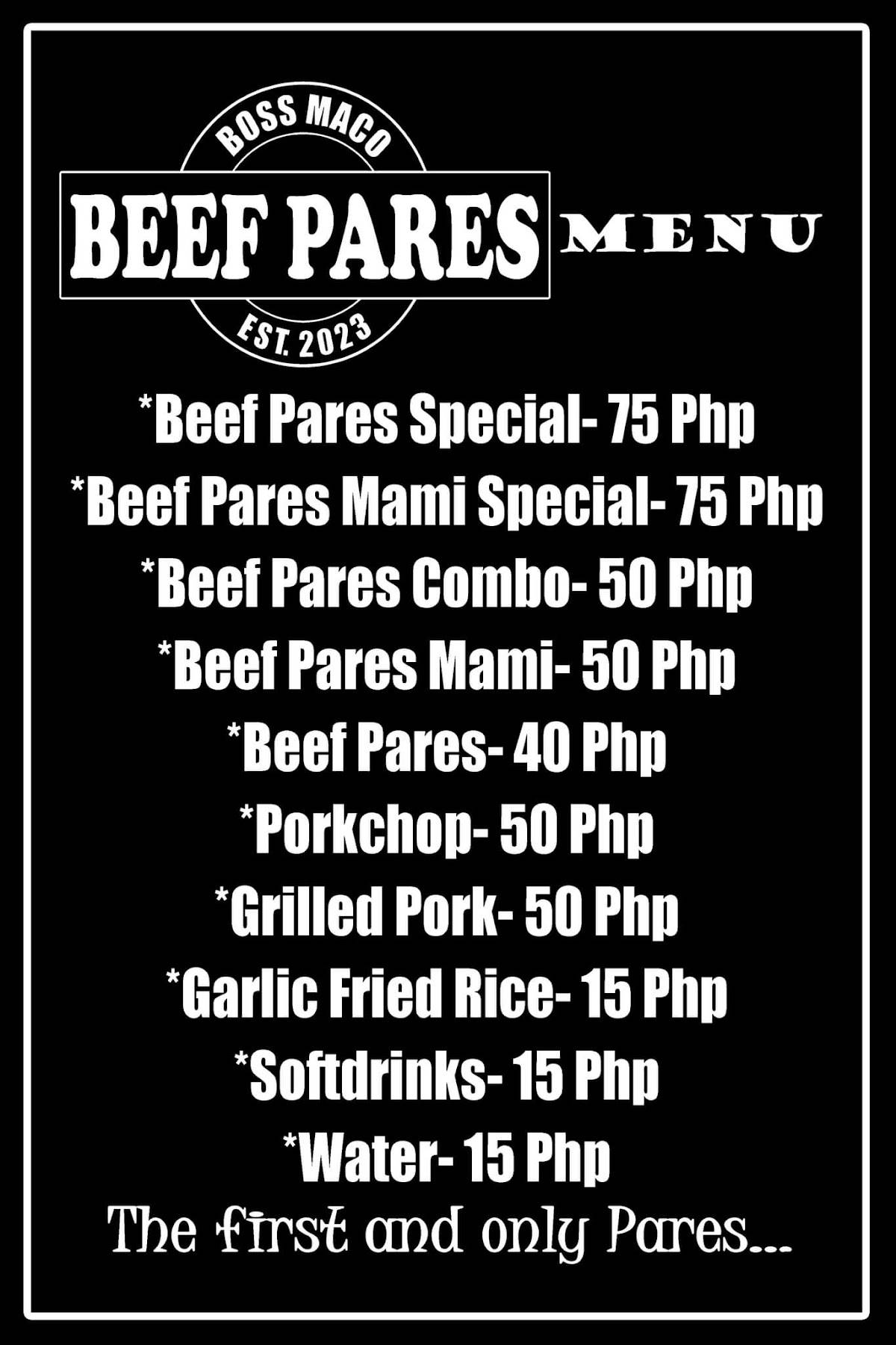 Menu at Boss Maco Beef Pares restaurant, Tuburan