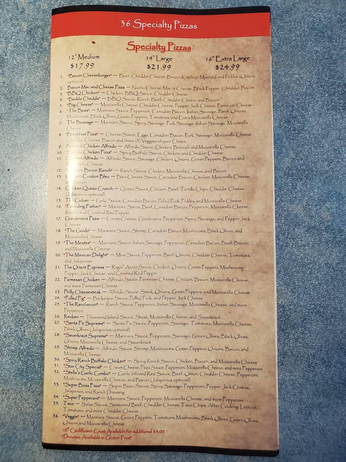 Carta de Boss' Pizzeria and Sports Bar, Rapid City