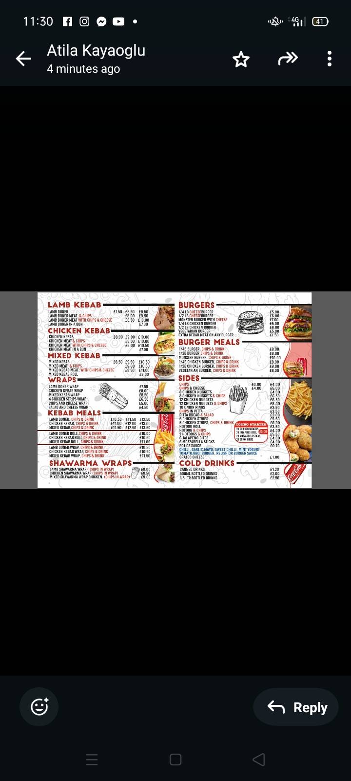 Menu at Boss kebab van restaurant, Bristol