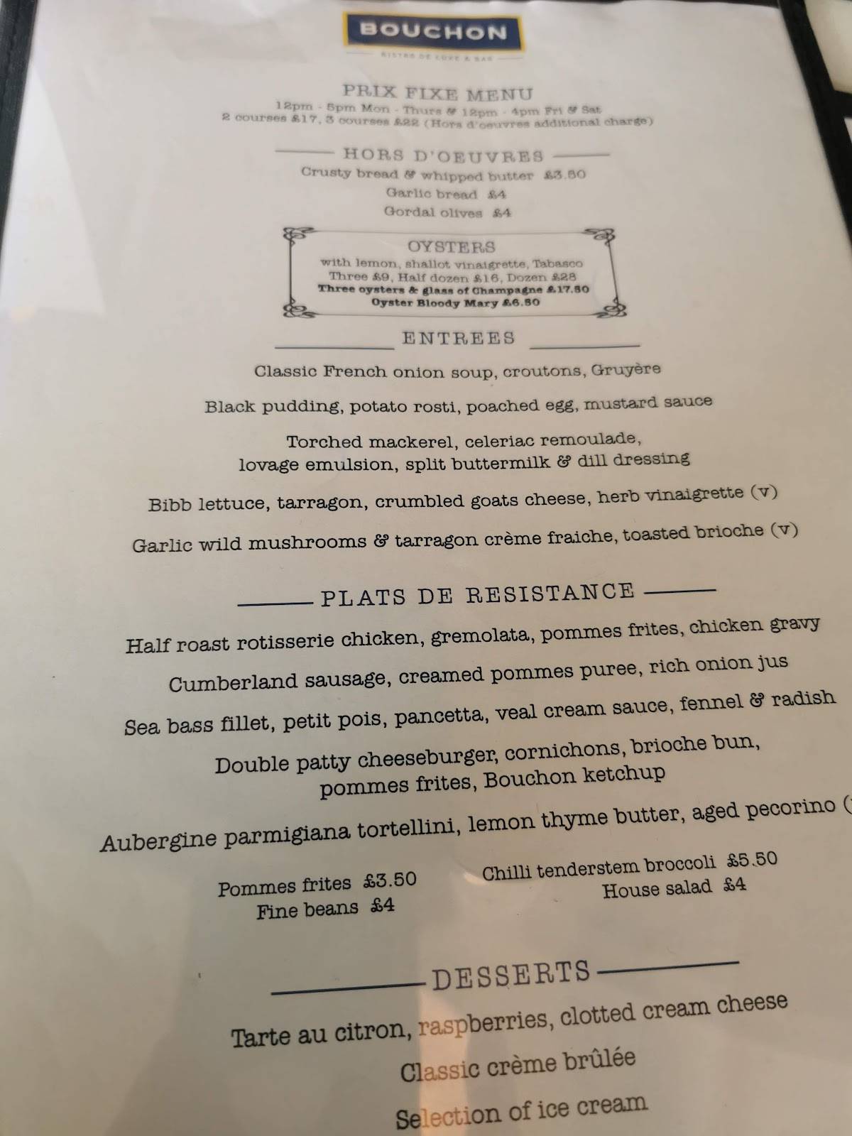 Menu at Bouchon restaurant, Liverpool