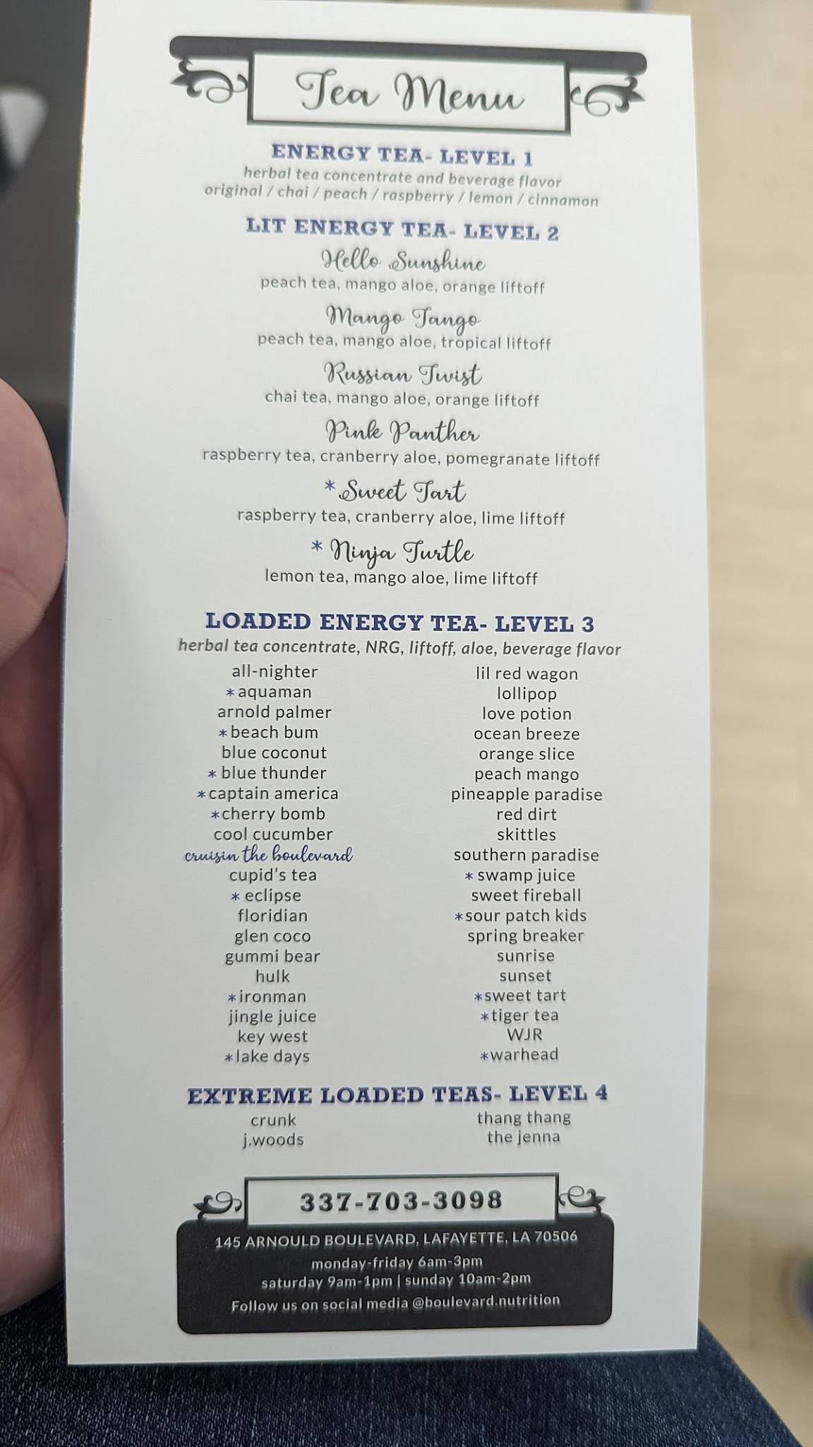 Menu at Boulevard Nutrition restaurant, Lafayette