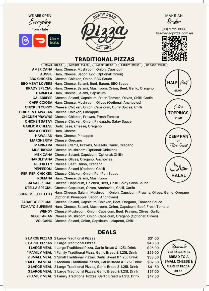 Menu at Brady Road Pizza restaurant, Dandenong North, 46A Brady Rd