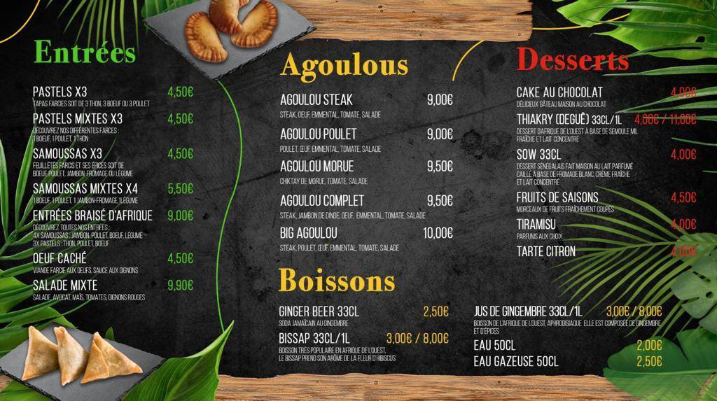 Menu au Braisé D'Afrique Gastronomie Africaine restaurant, Meaux