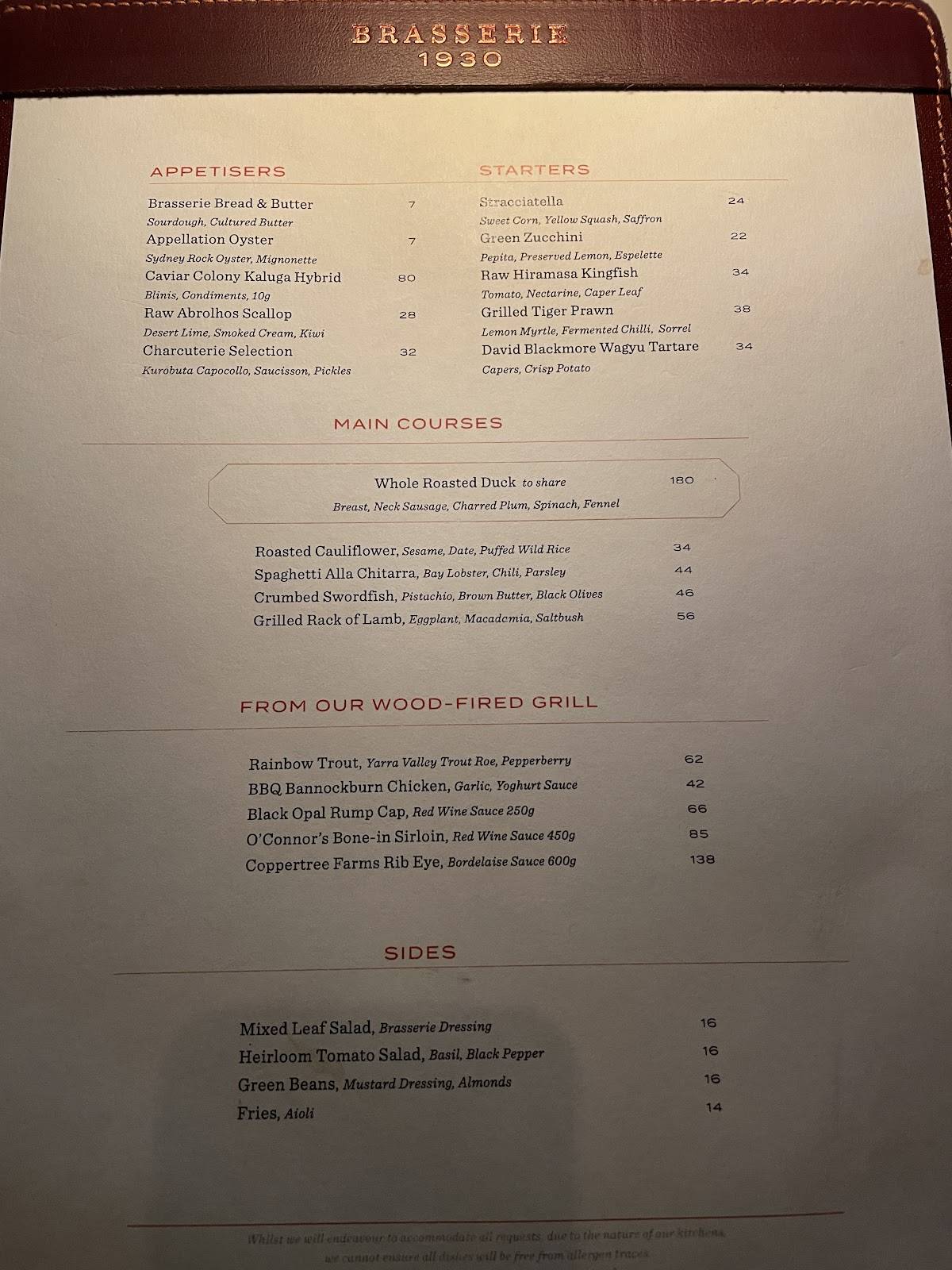 Menu at Brasserie 1930 restaurant, Sydney