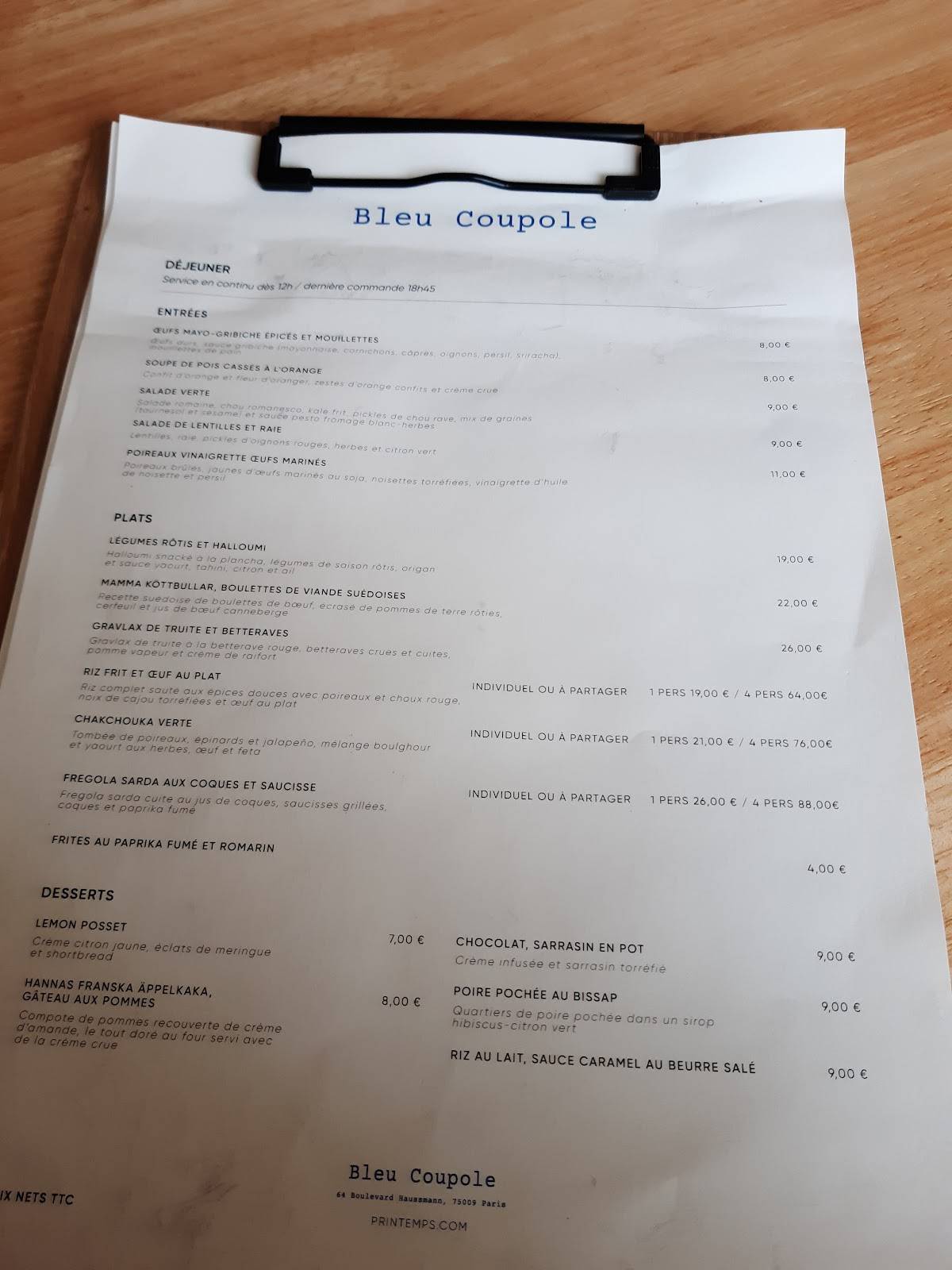 Menu au Brasserie Printemps restaurant, Paris, Printemps Femme