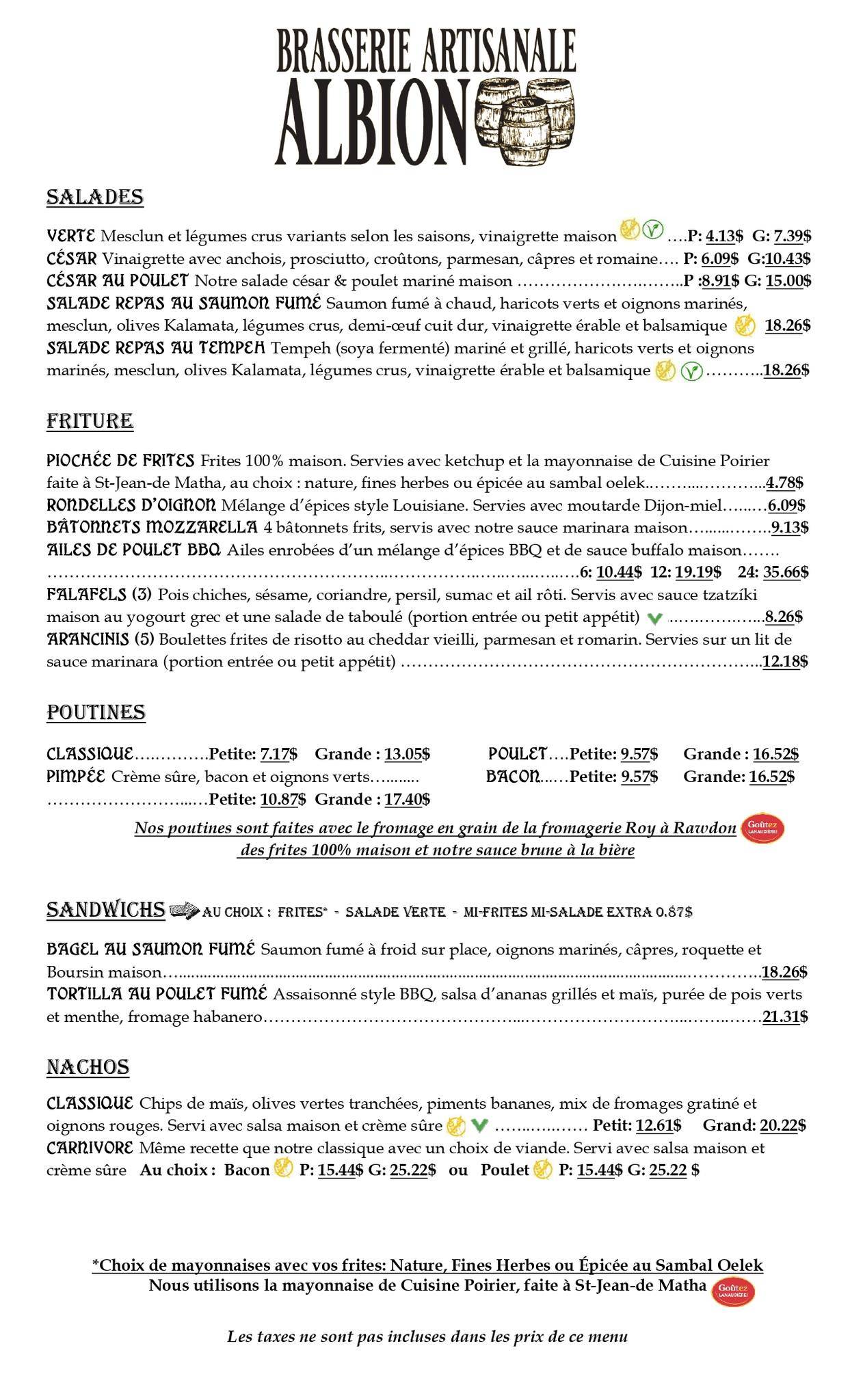 Menu au Albion - Brasserie Artisanale / Resto-Pub, Joliette