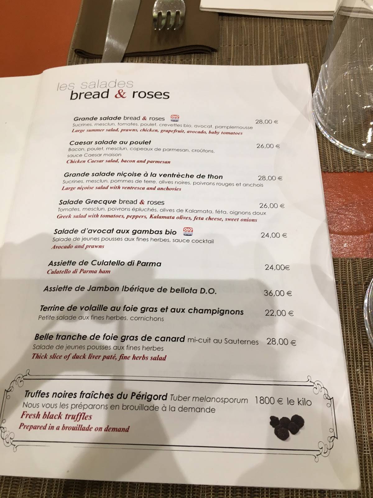 Menu at Bread & Roses restaurant, Paris, 25 Rue Boissy d'Anglas