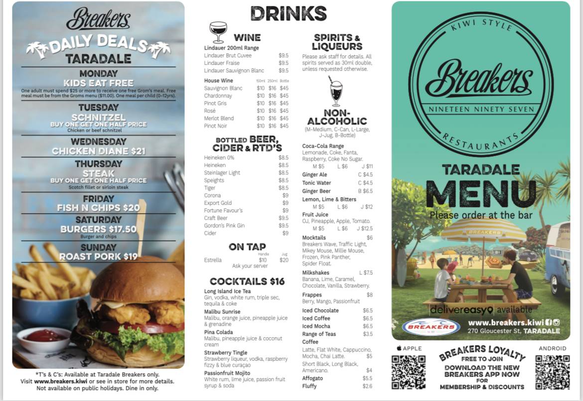 Menu at Breakers Taradale restaurant, Napier