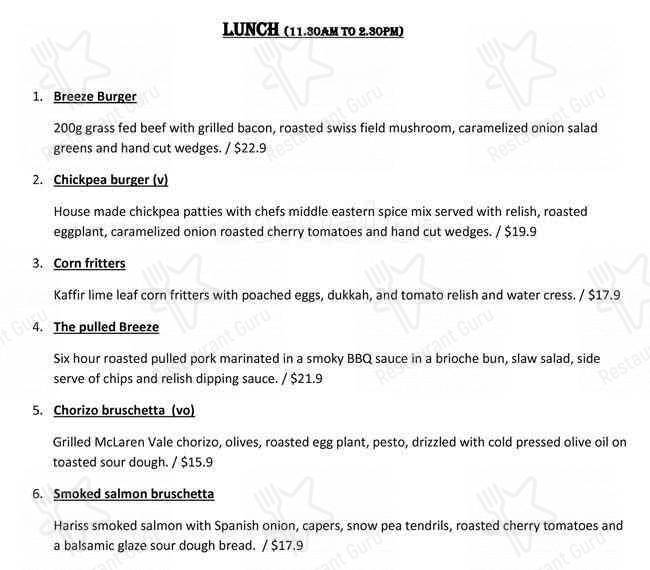 Menu at Breeze Cafe & Bar, Aldinga Beach