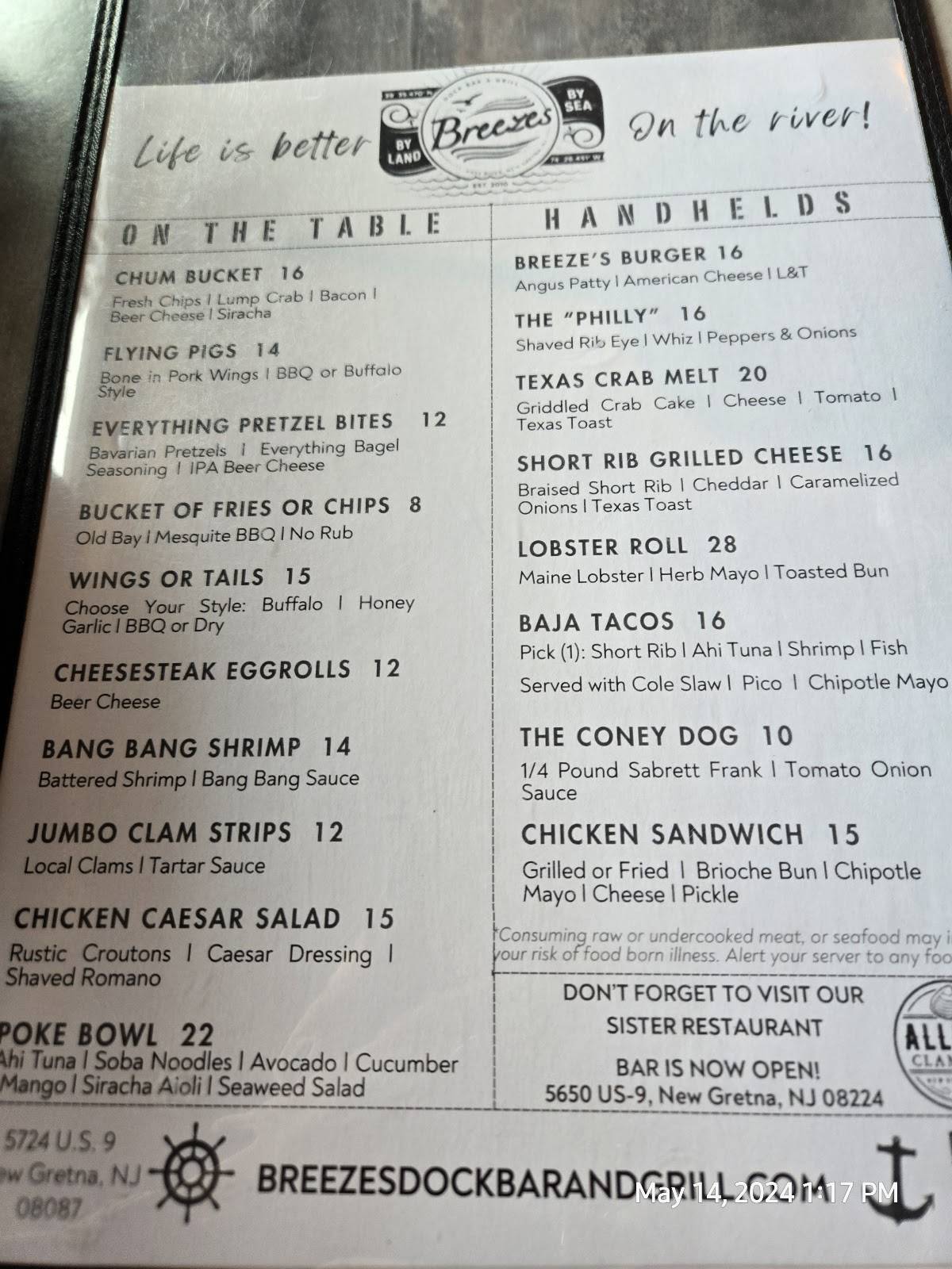 Menu at Breeze's Dock Bar & Grill, Bass River