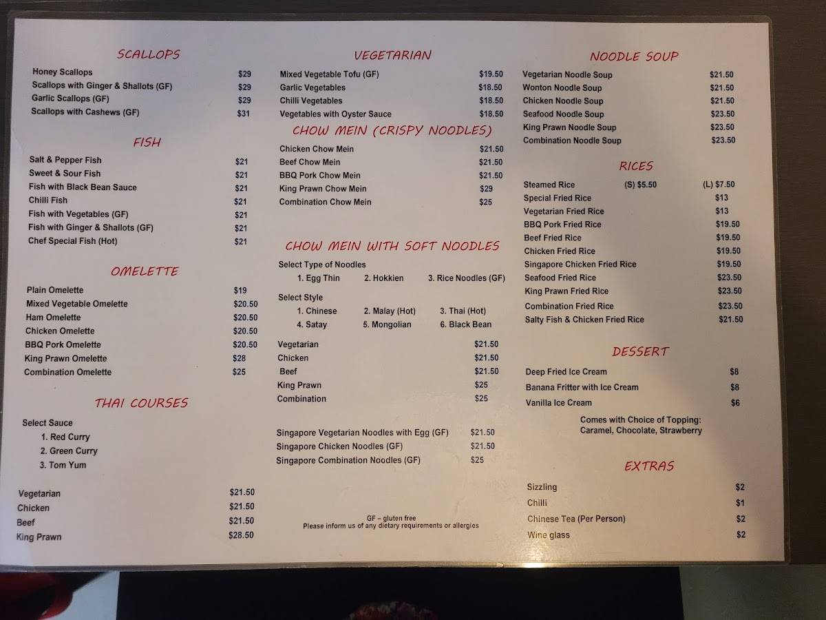 Menu at The Emperor's Court restaurant, Carseldine