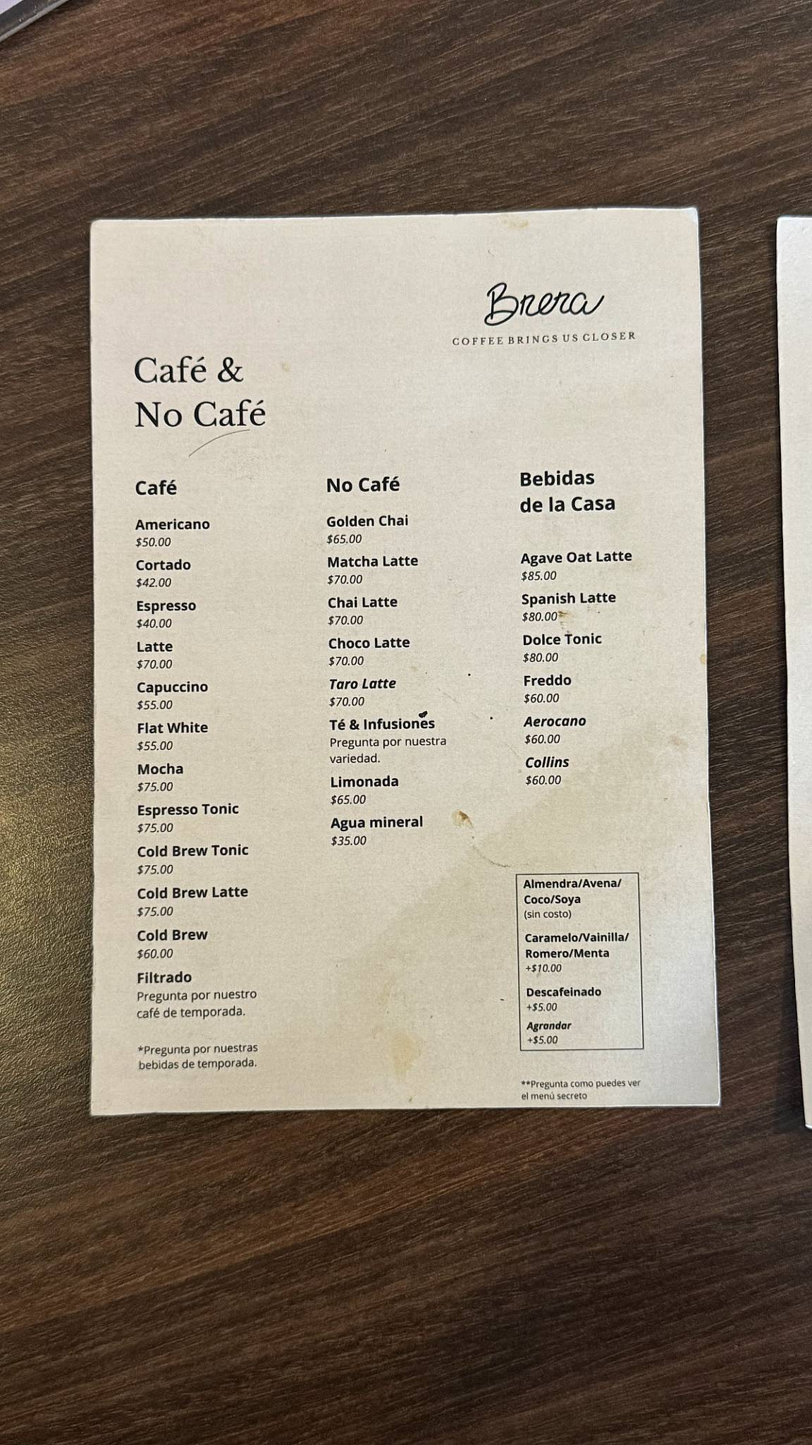 Carta del café Brera Coffee Shop, Monterrey