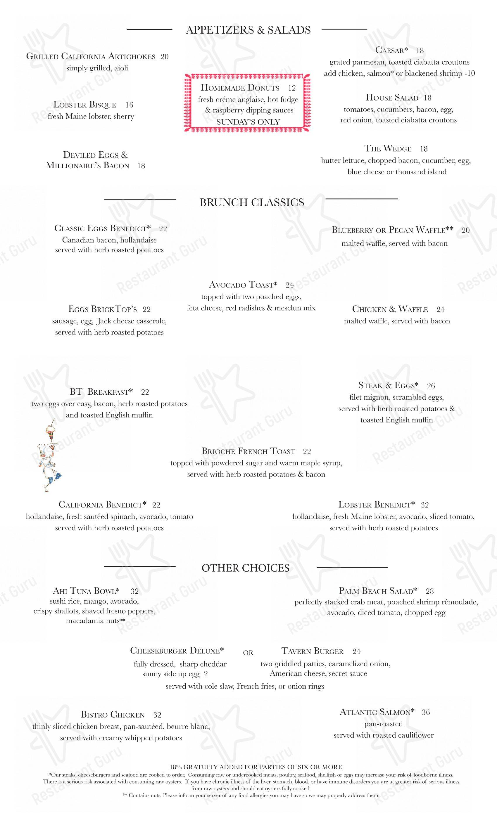 Menu at BrickTop's restaurant, Naples, Tamiami Trl N