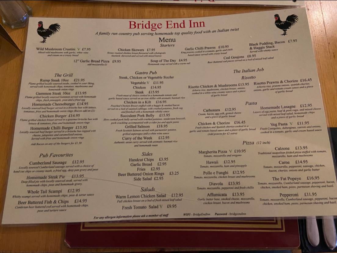 Menu at Bridge End Inn pub & bar, Carlisle