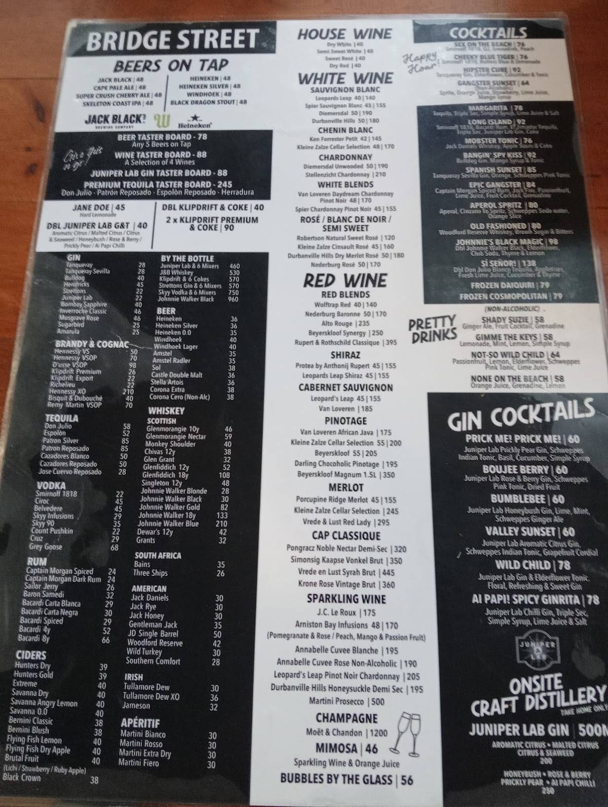 Menu at Bridge Street restaurant, Port Elizabeth, 1 Bridge St